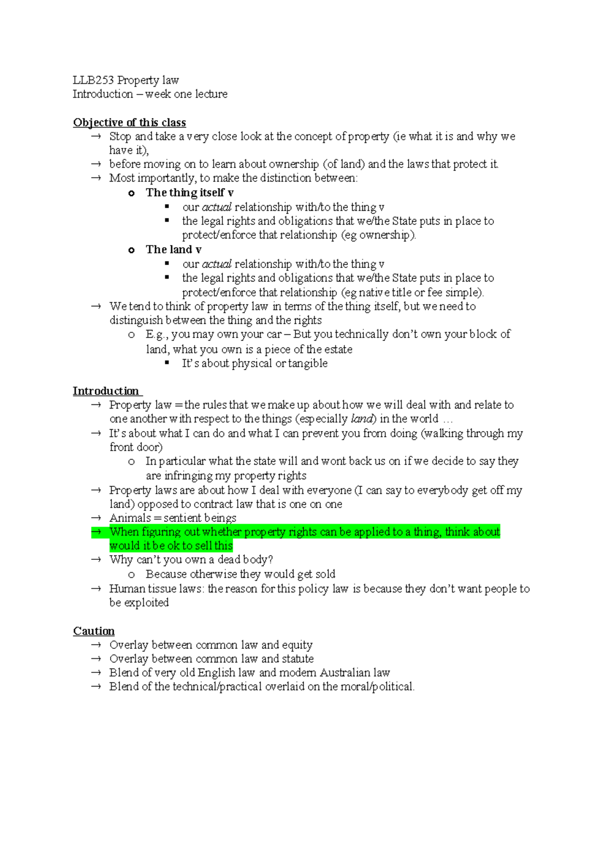 Week One Introduction Llb253 Property Law Introduction Week One Lecture Objective Of This