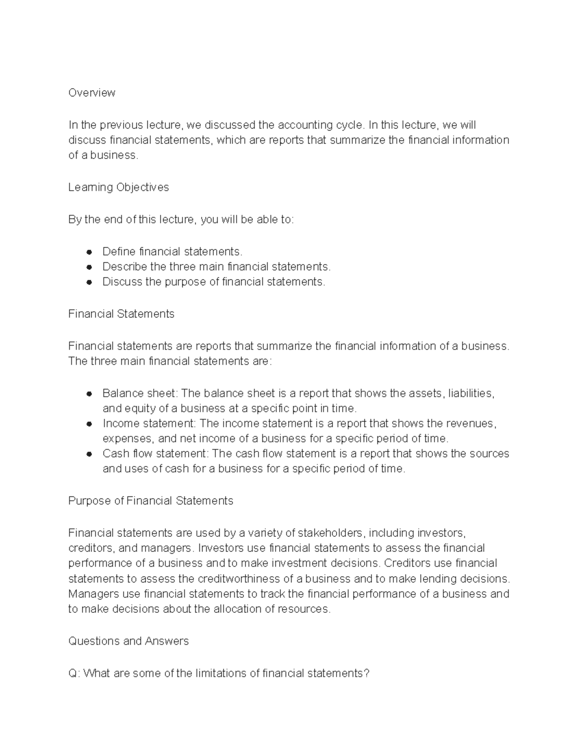 Lecture 6 Financial Statements - Overview In the previous lecture, we ...