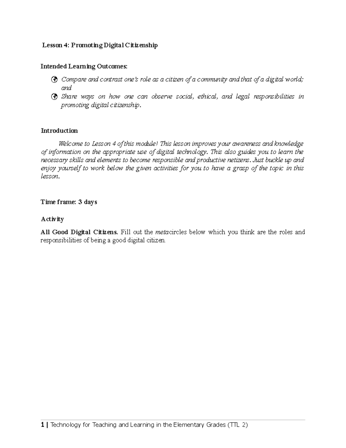 M1 - for teacher ed - Lesson 4: Promoting Digital Citizenship Intended ...