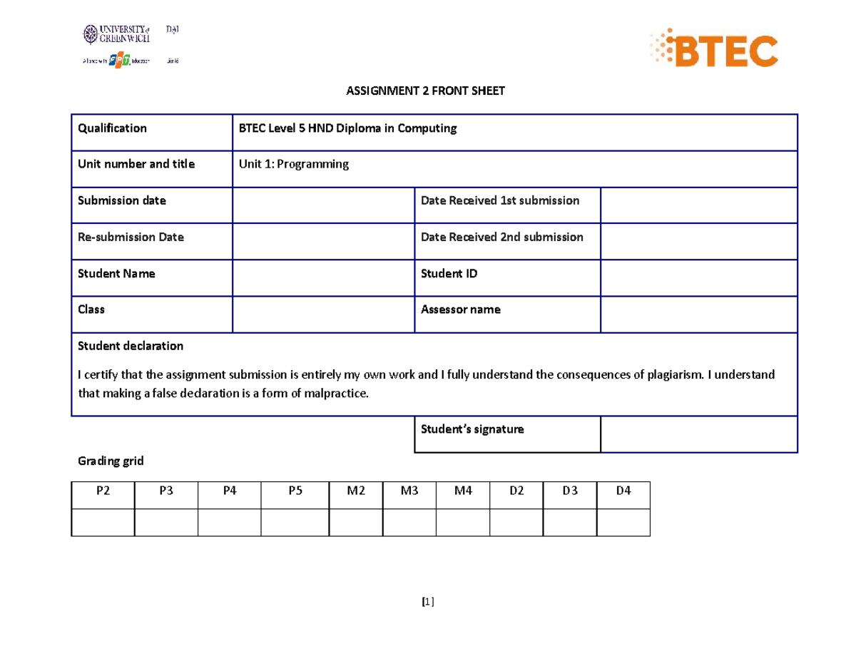 1 Unit 1 - Assignment 2 1618 - ASSIGNMENT 2 FRONT SHEET Qualification BTEC Level 5 HND Diploma ...