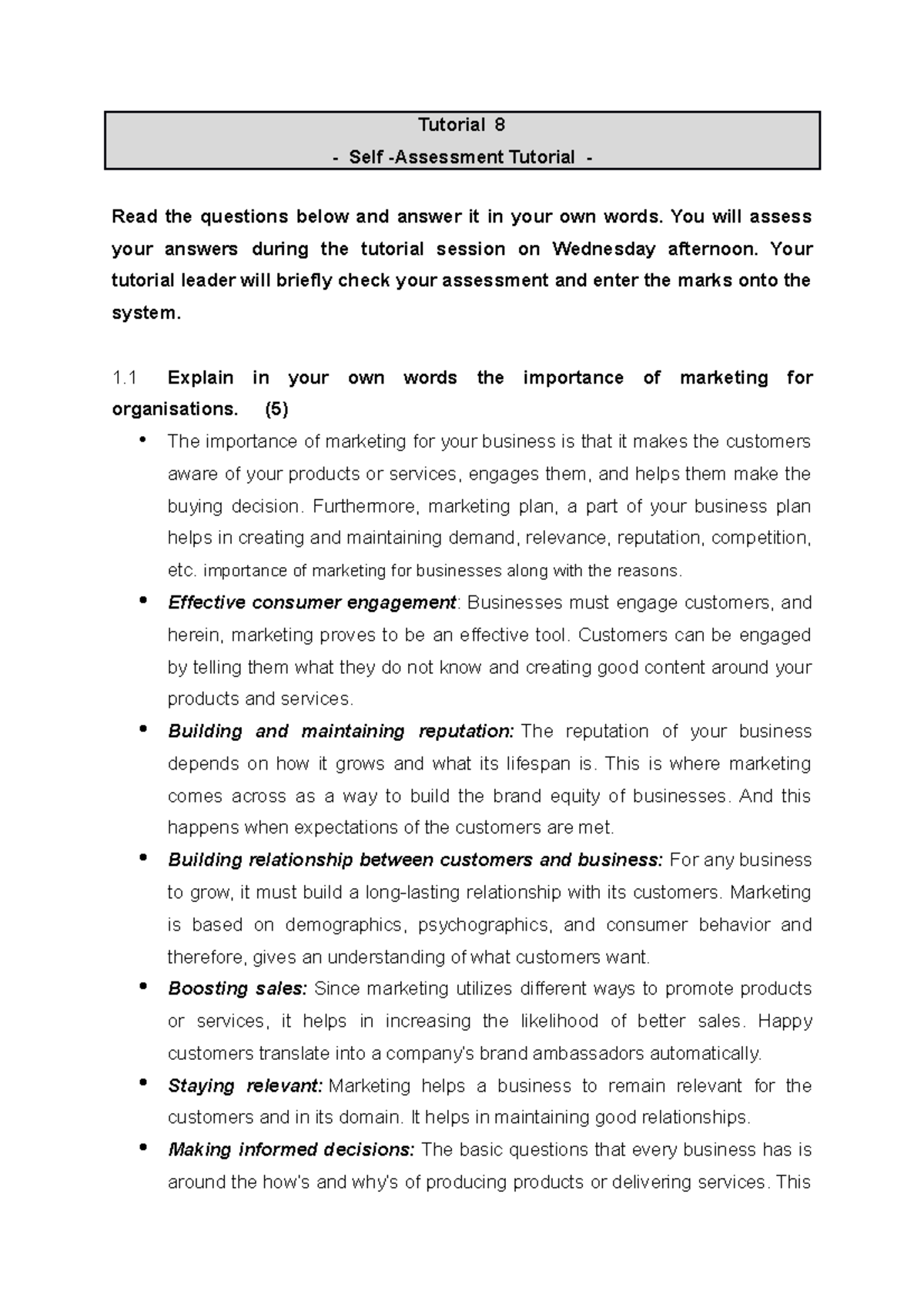Tutorial 8 magement - Its all about maketing - **Tutorial 8 Self ...