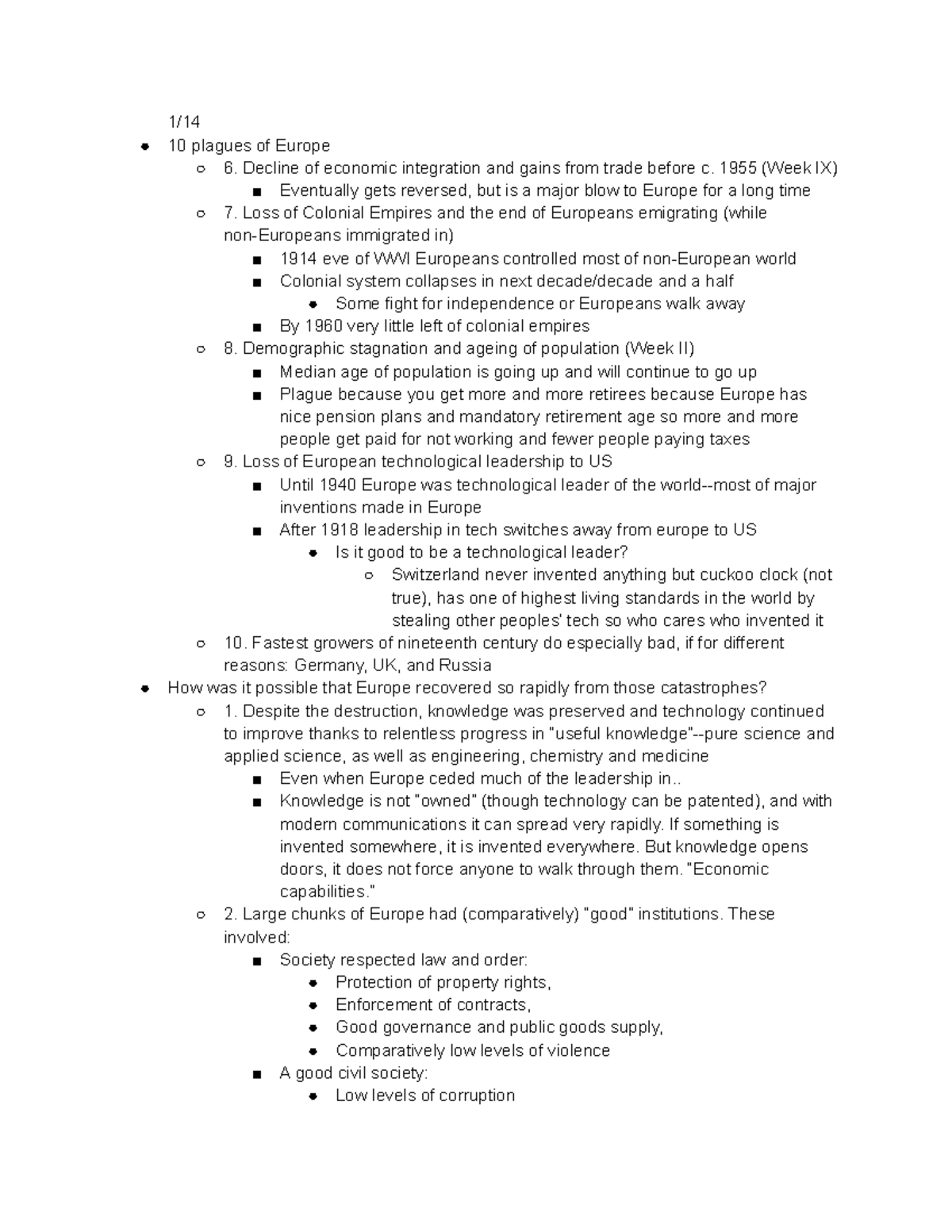 Econ 324 notes - 1/ 10 plagues of Europe 6. Decline of economic ...