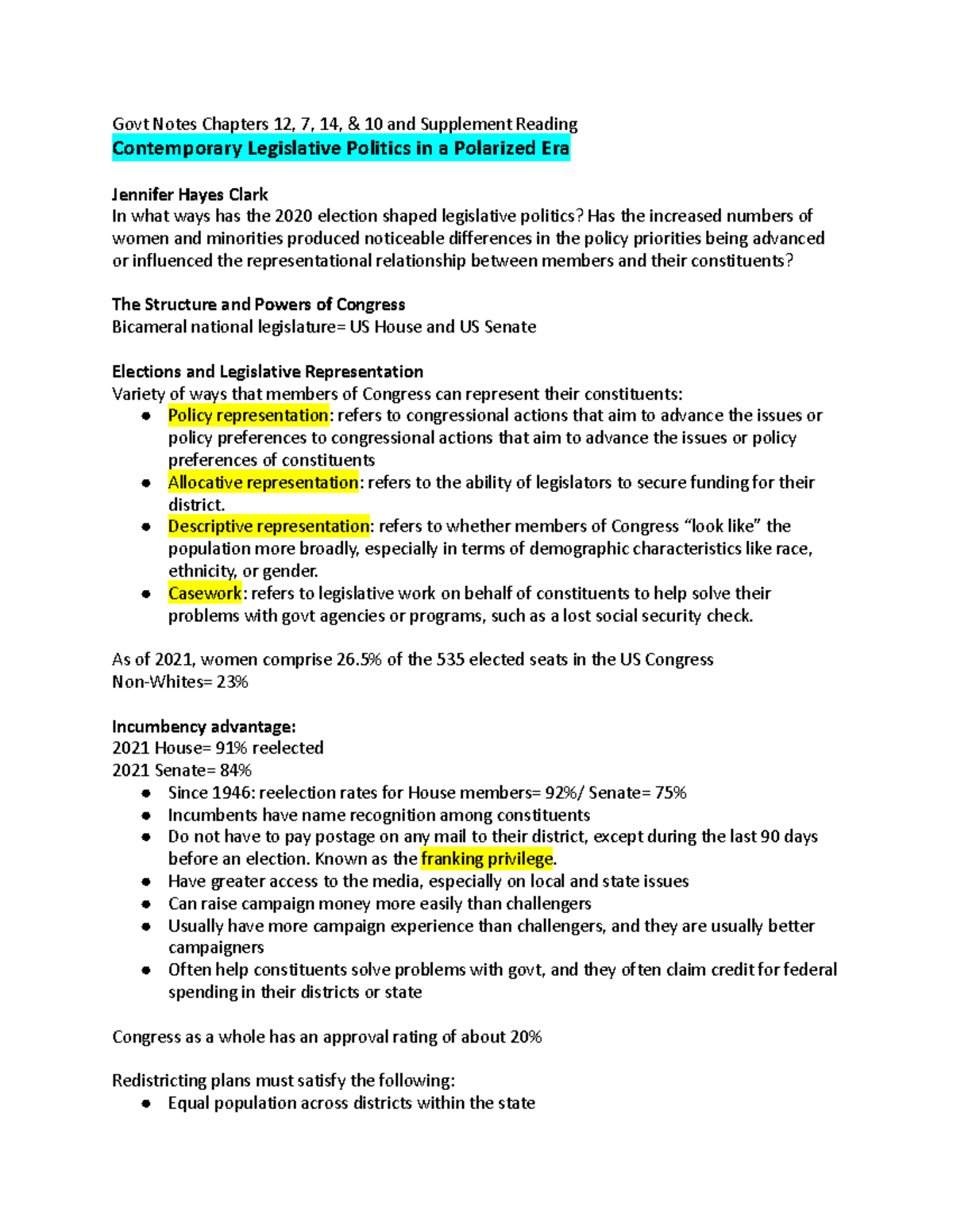 Govt Notes Chapters 12 - Descriptive representation: refers to whether ...
