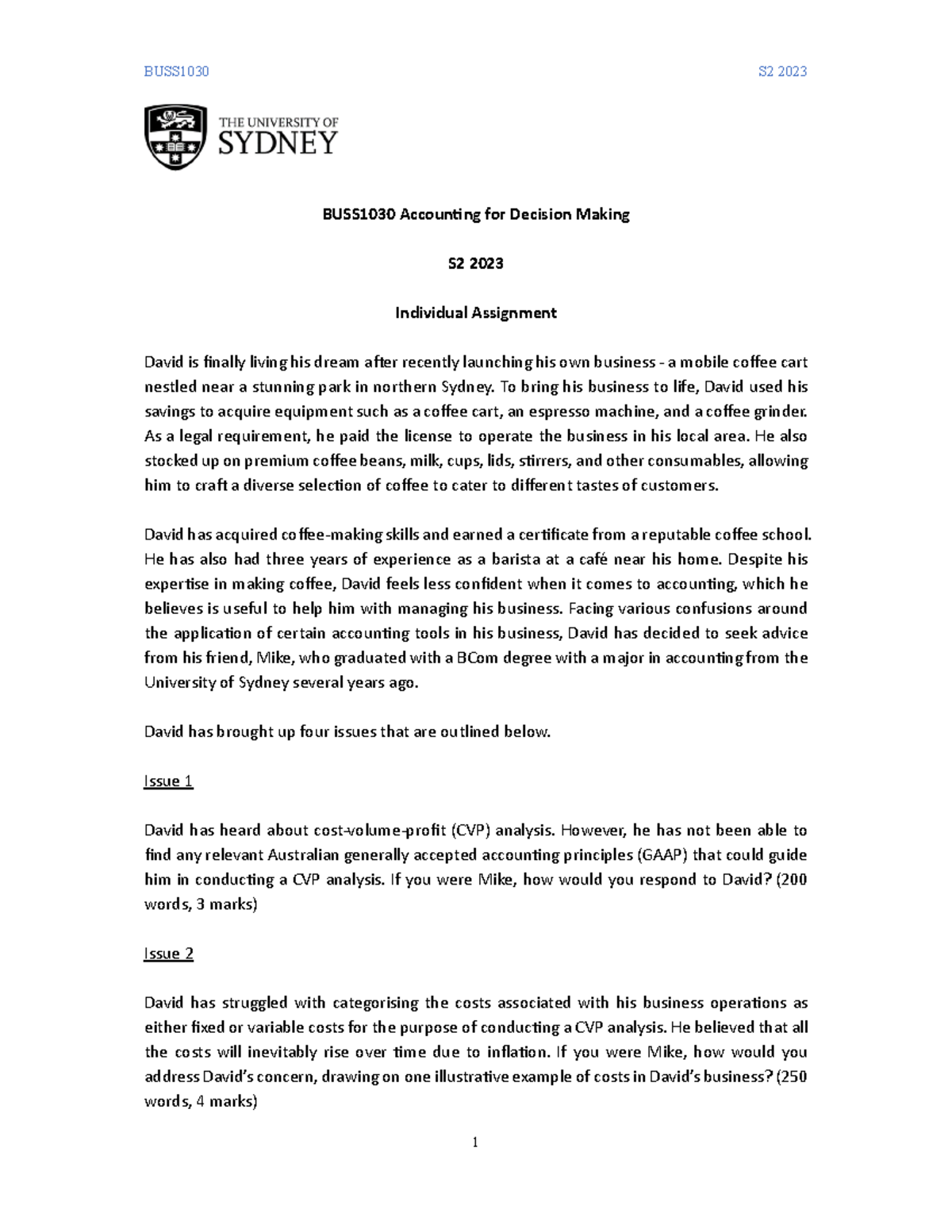 BUSS1030 Individual Assignment (S2 2023) - BUSS1030 S2 2023 1 BUSS1030 AccounƟng for Decision ...