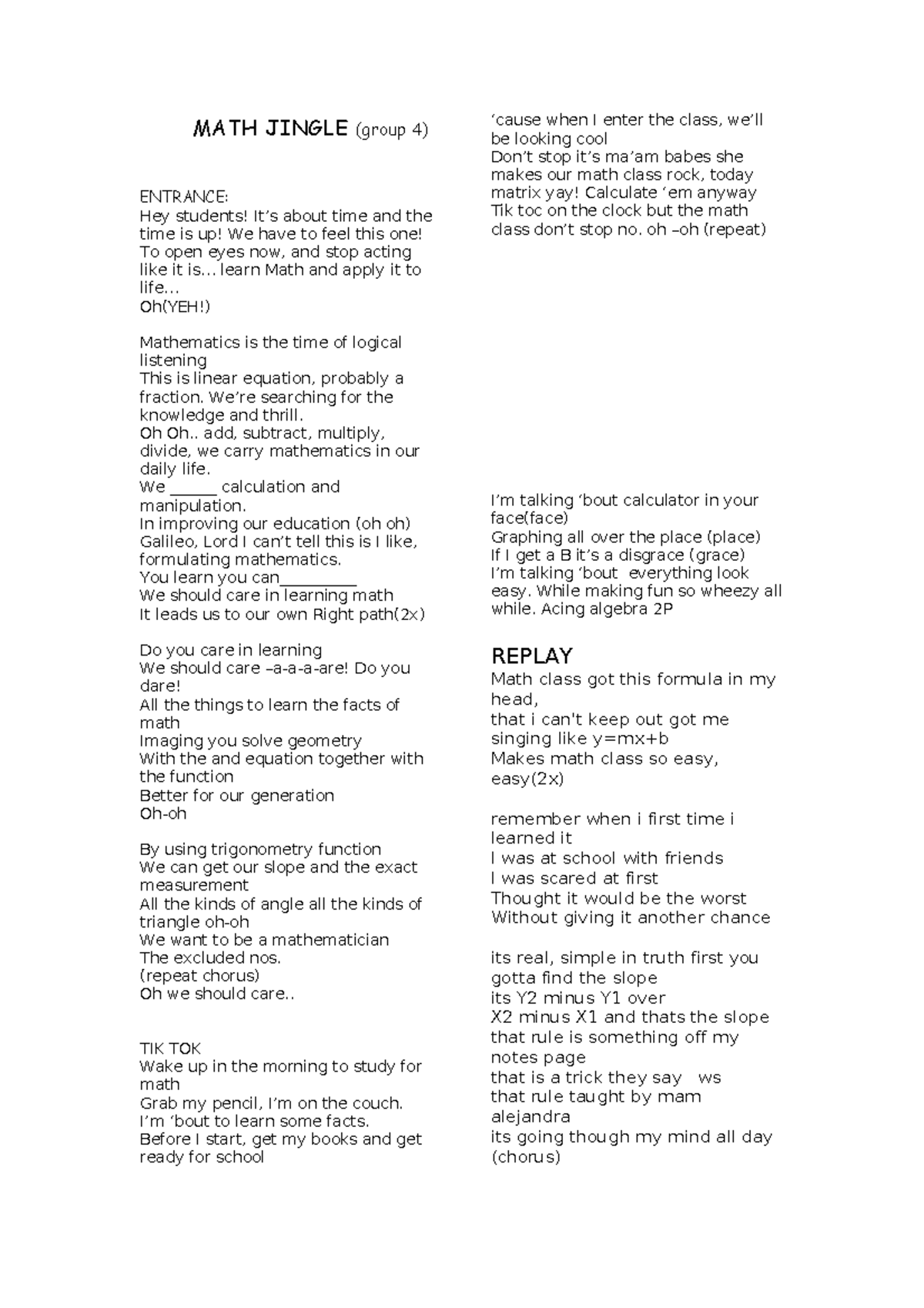 50352711-Math-Jingle - MATH JINGLE (group 4) ENTRANCE: Hey students! It ...