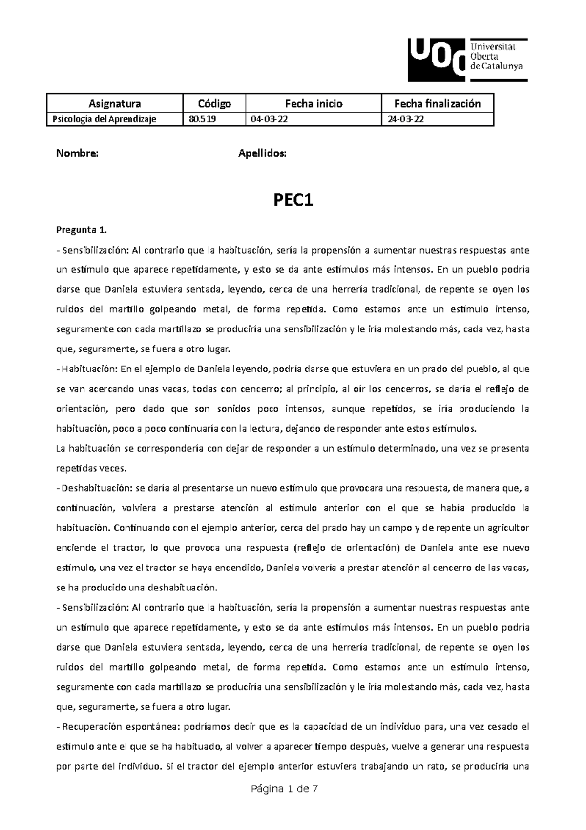 pec001 - nota A - Psicología del Aprendizaje 80 04-03-22 24-03- Nombre: Apellidos: PEC Pregunta ...