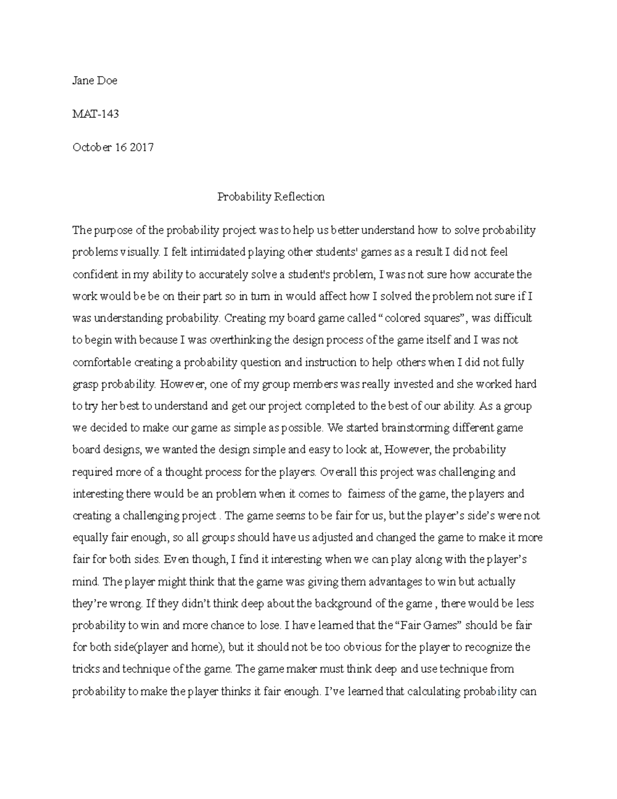 Probability Project Reflection - Jane Doe MAT- October 16 2017 ...