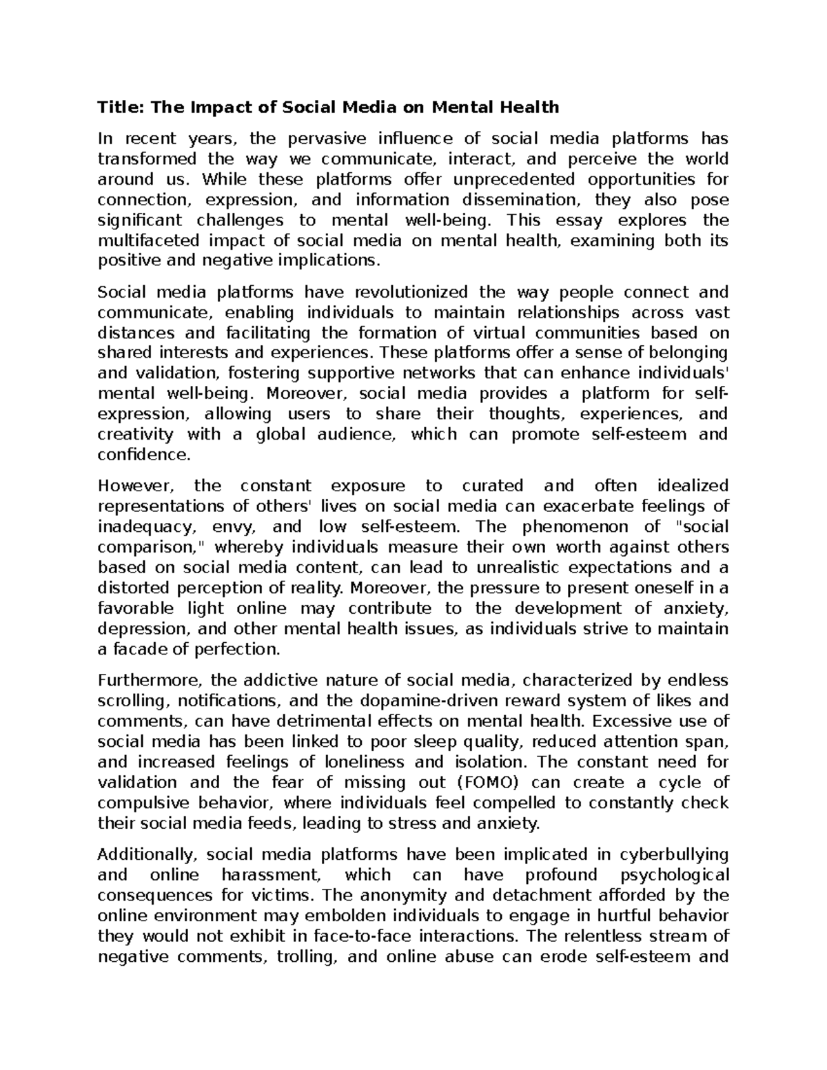 The Impact of Social Media on Mental Health - While these platforms ...