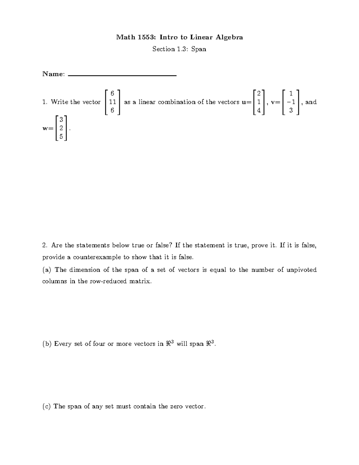 Ma1553 sheet 2 - Practice problems for span vector concepts in linear ...