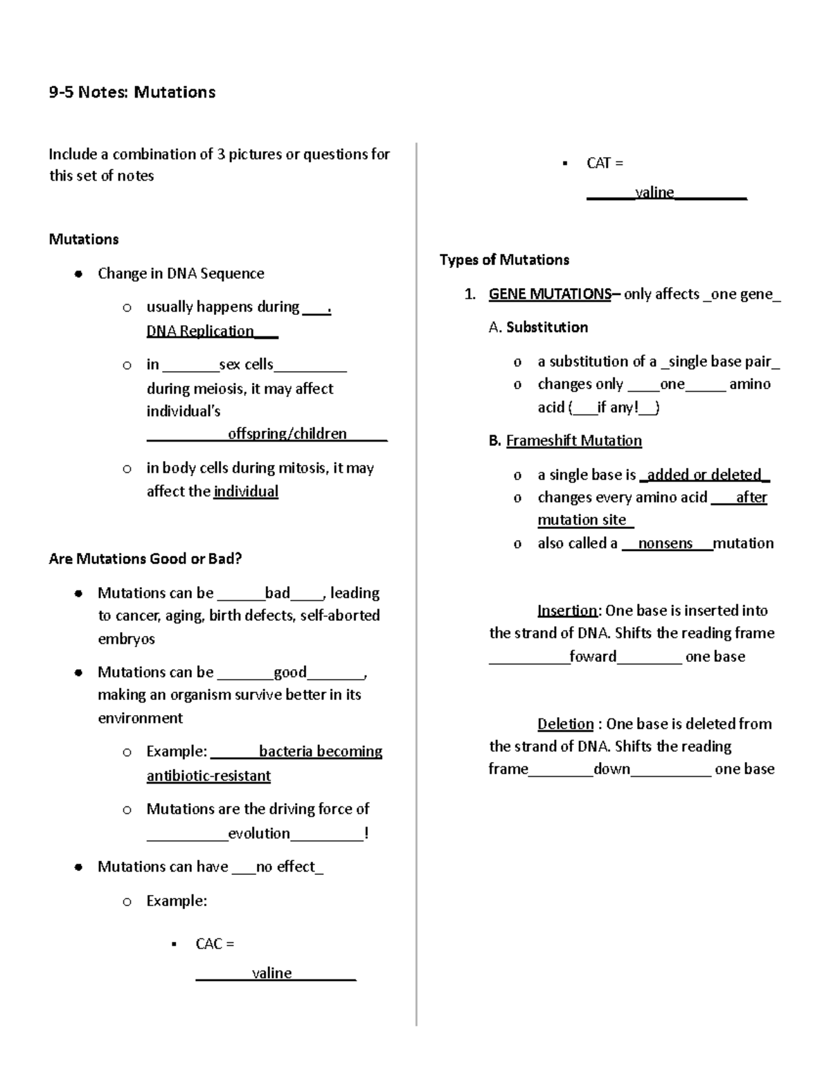 9-5 Mutations - 9-5 Notes: Mutations Include a combination of 3 ...
