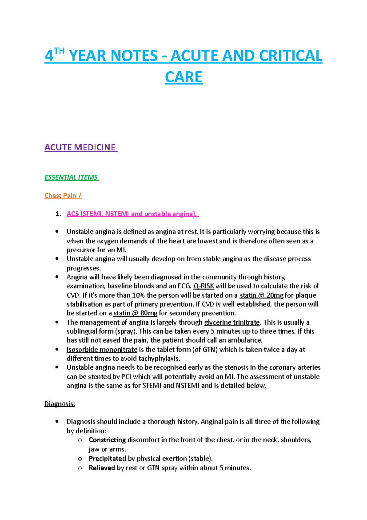 ACC - notes - 4 TH YEAR NOTES - ACUTE AND CRITICAL CARE ACUTE MEDICINE ...