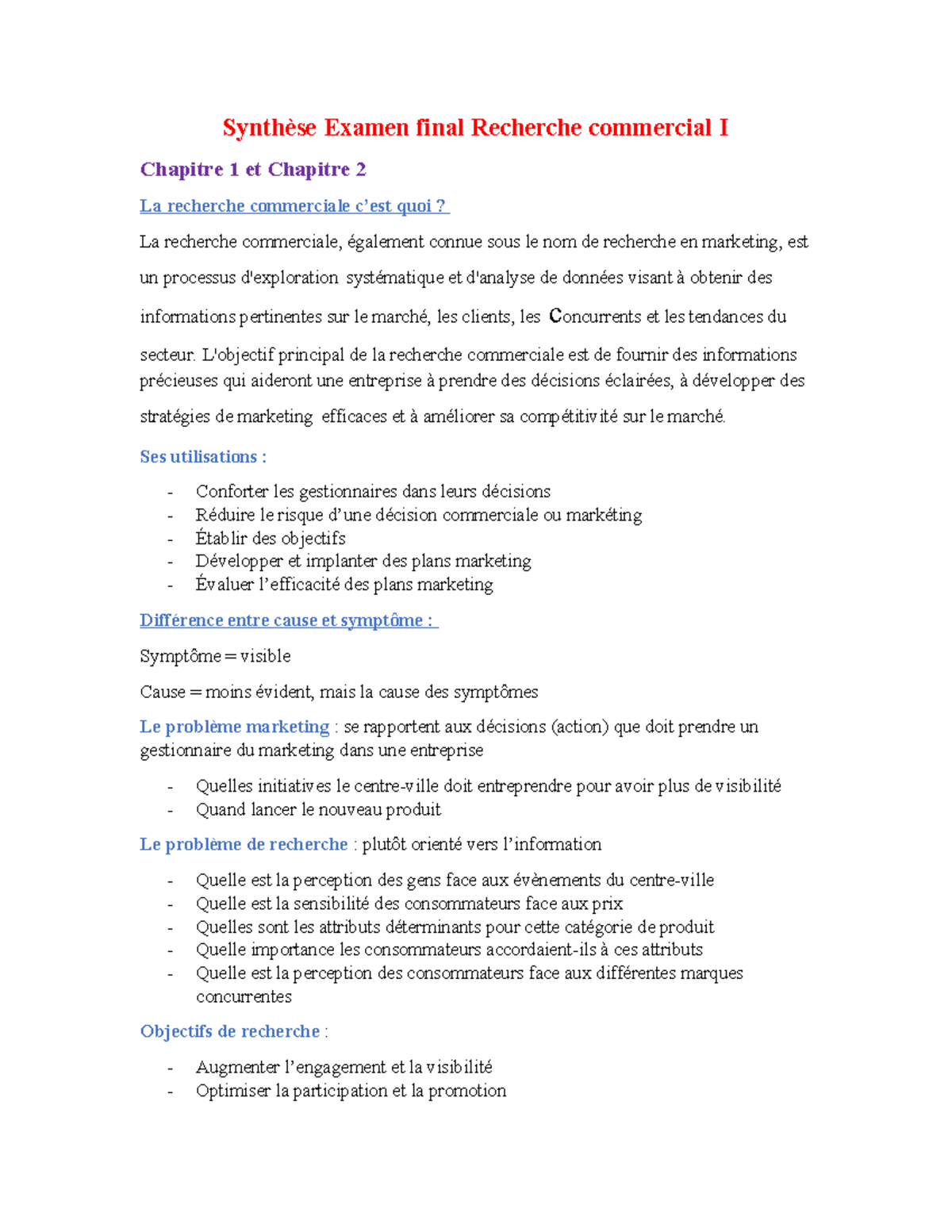 Synthèse Examen final Recherche commercial I - Synthèse Examen final ...