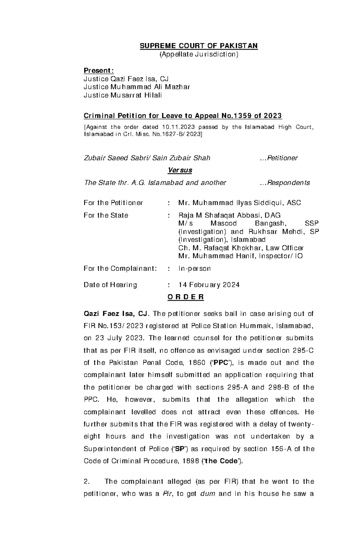 Crl Judgment 2024 - SUPREME COURT OF PAKISTAN (Appellate Jurisdiction) Present: Justice Qazi ...