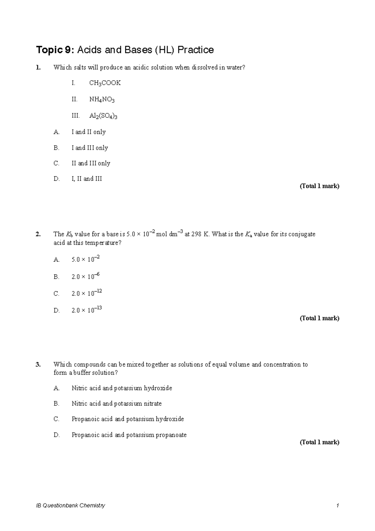 Acids and bases (hl)-2 - Topic 9 : Acids and Bases (HL) Practice 1 ...