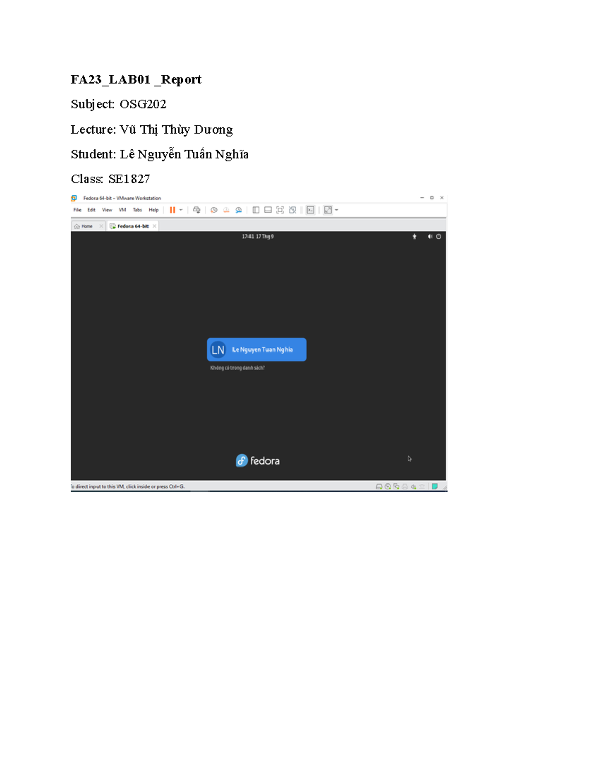 FA23 reportlab 1 - LAB - FA23_LAB01 _Report Subject: OSG Lecture: Vũ Thị Thùy Dương Student: Lê ...