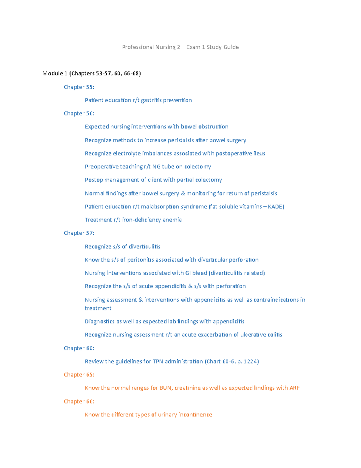 Exam 1 - guide - Professional Nursing 2 – Exam 1 Study Guide Module 1 ...