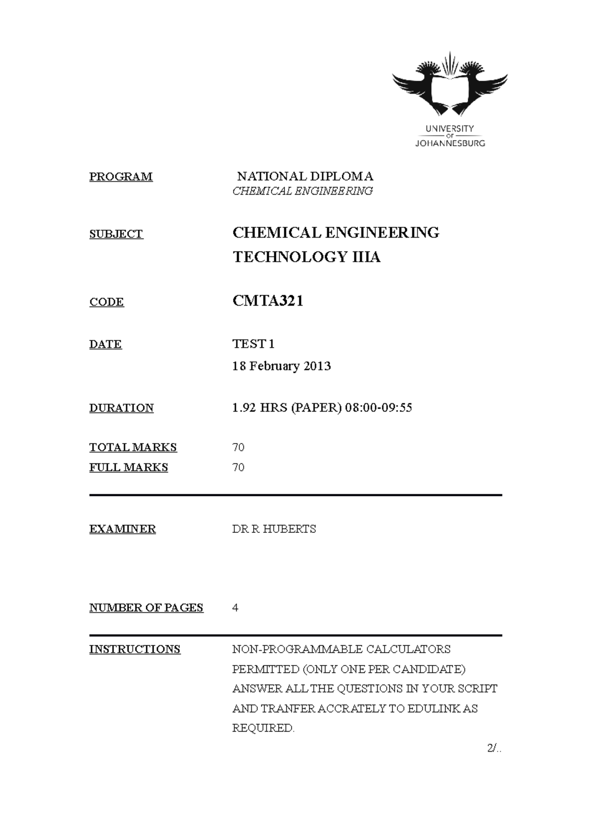 Test 1 practice material for chemical technology - PROGRAM NATIONAL ...
