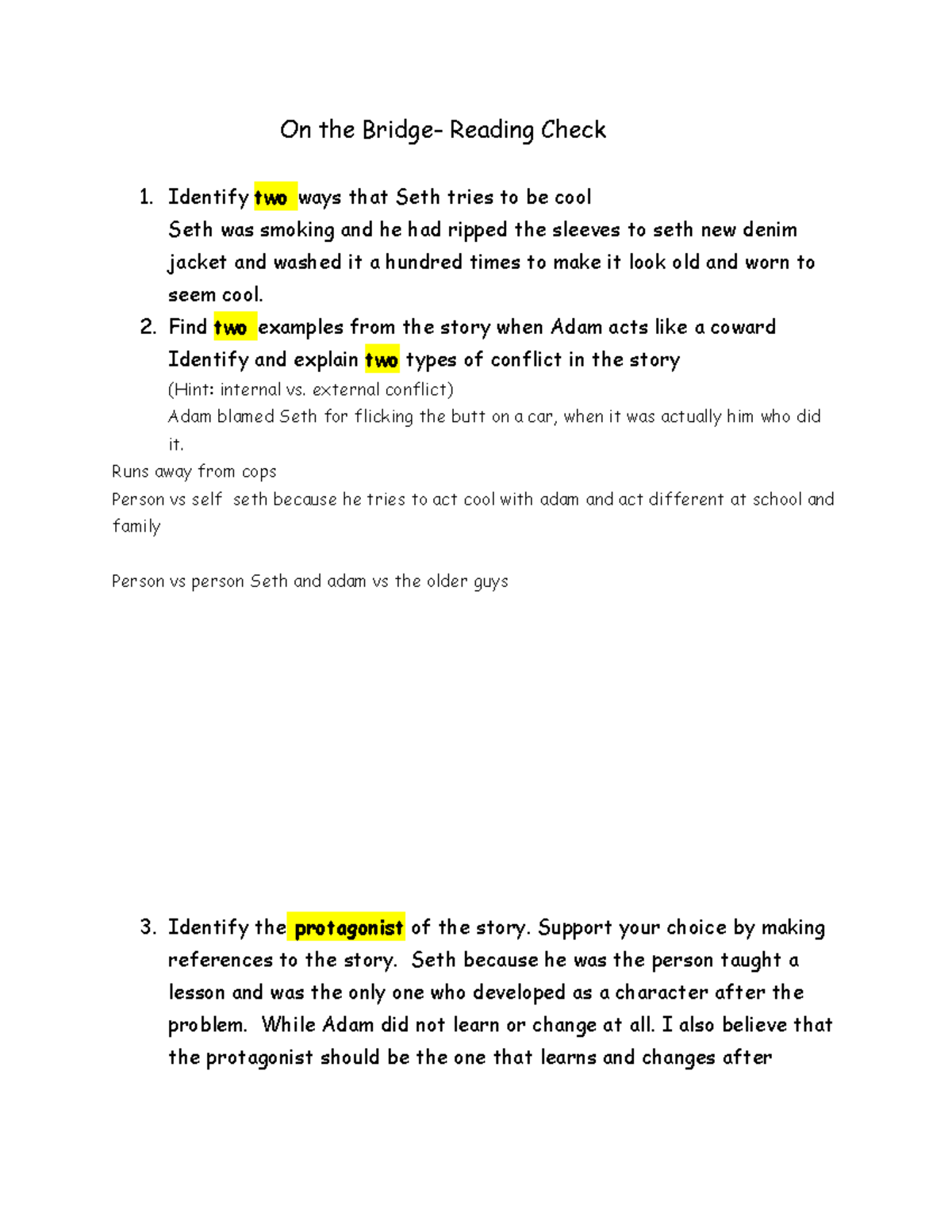 On the Bridge Questions - On the Bridge- Reading Check Identify two ...
