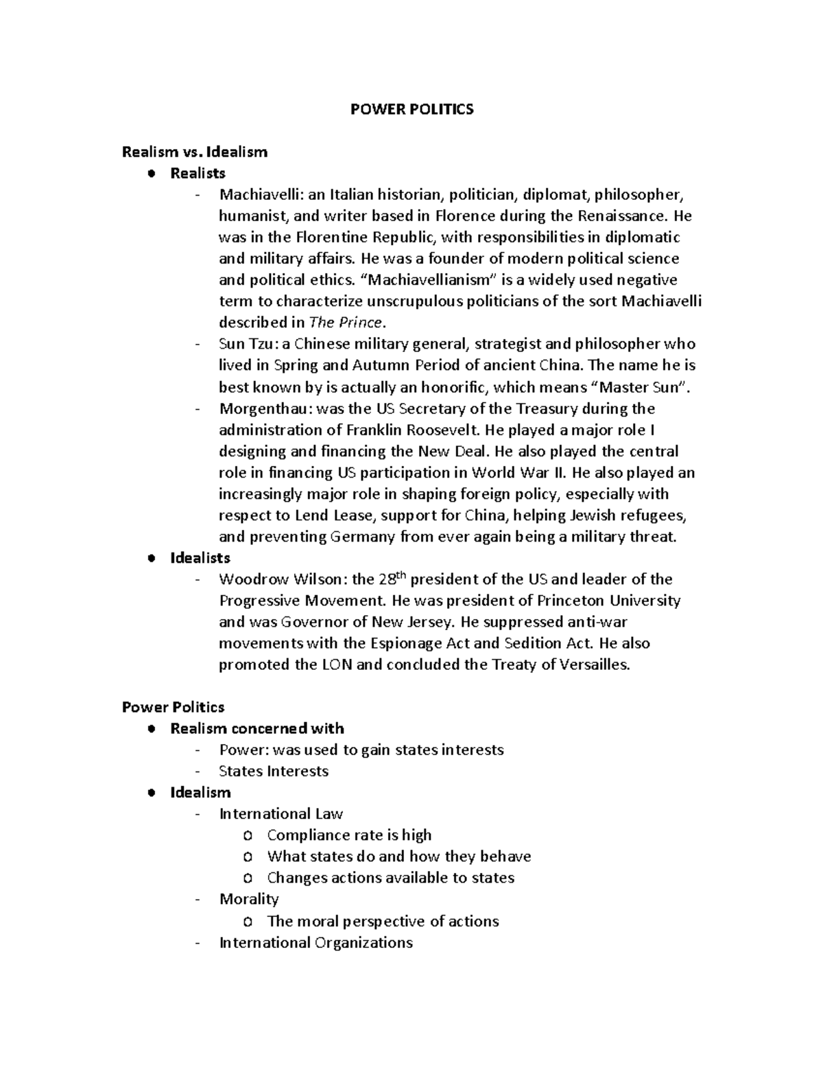 Power Politics Notes - POLI 2057 - POWER POLITICS Realism vs. Idealism ...