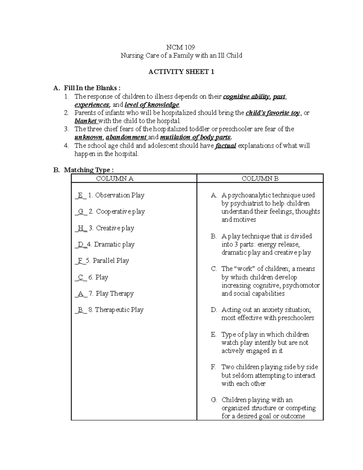 Nursing Care of a Family with an Ill Child Activity Sheet 1 - BSU - Studocu