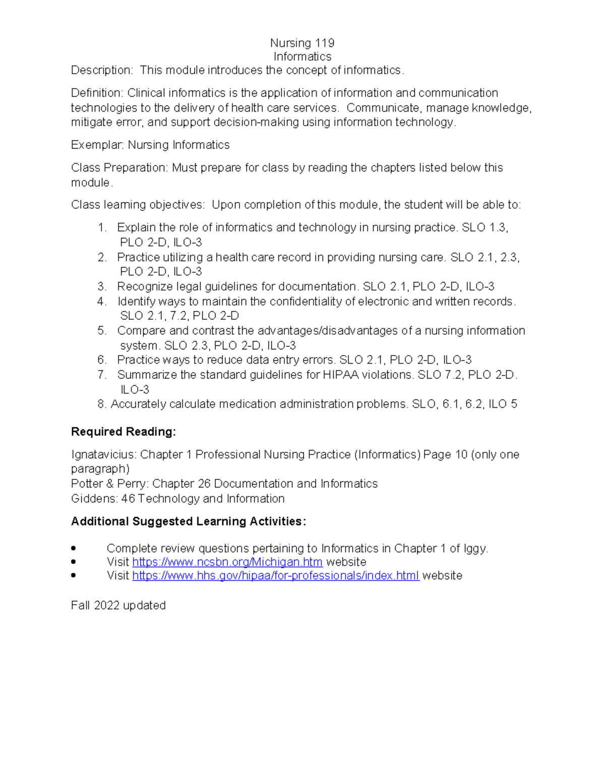 Fall 2022 Informatics Module updated - Nursing 119 Informatics ...