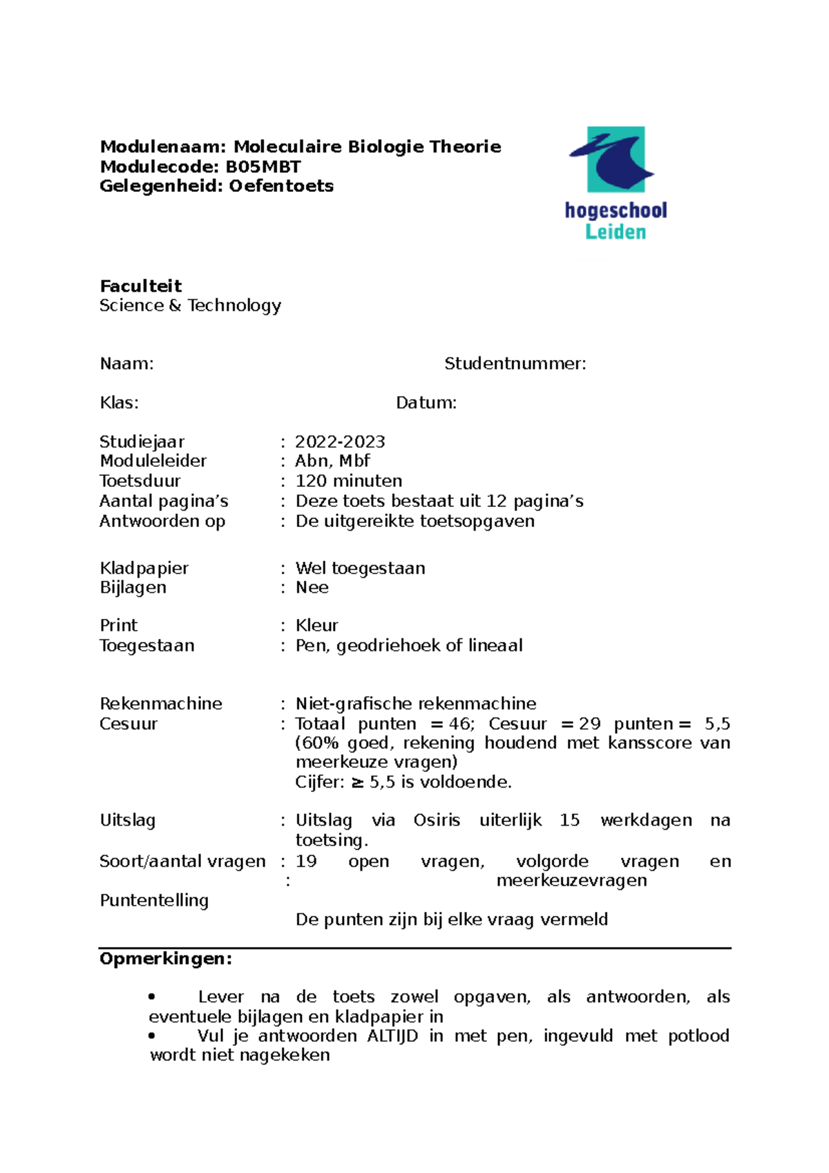 2223 B05 MBT Oefentoets papieren versie - Modulenaam: Moleculaire ...