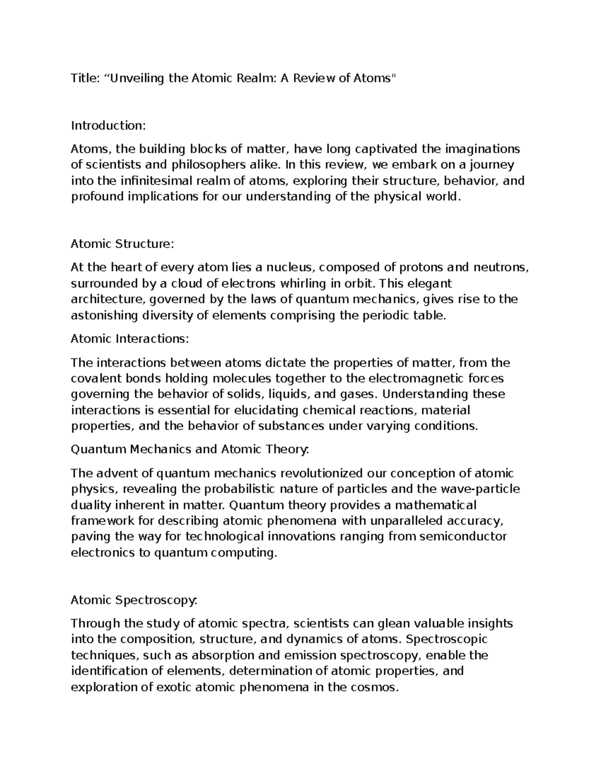 Atom - atom science - Title: “Unveiling the Atomic Realm: A Review of ...