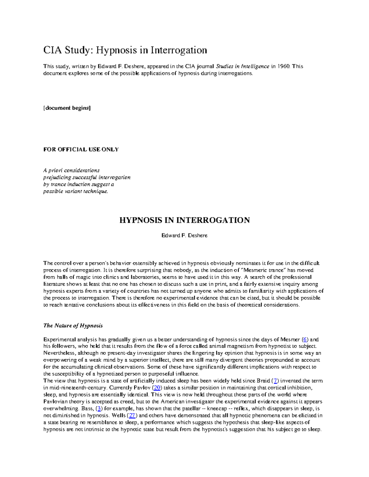 Hypnosis in Interrogation (CIA Study) - Edward Deshere - CIA Study: Hypnosis in Interrogation ...