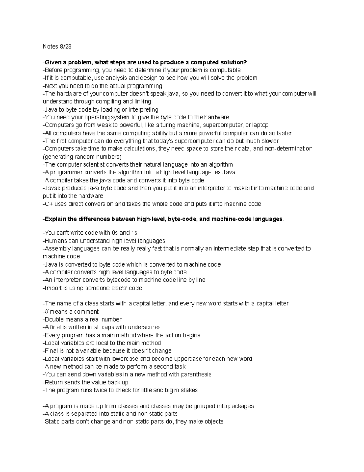 Computer programming notes week 1 - Notes 8/ Given a problem, what ...