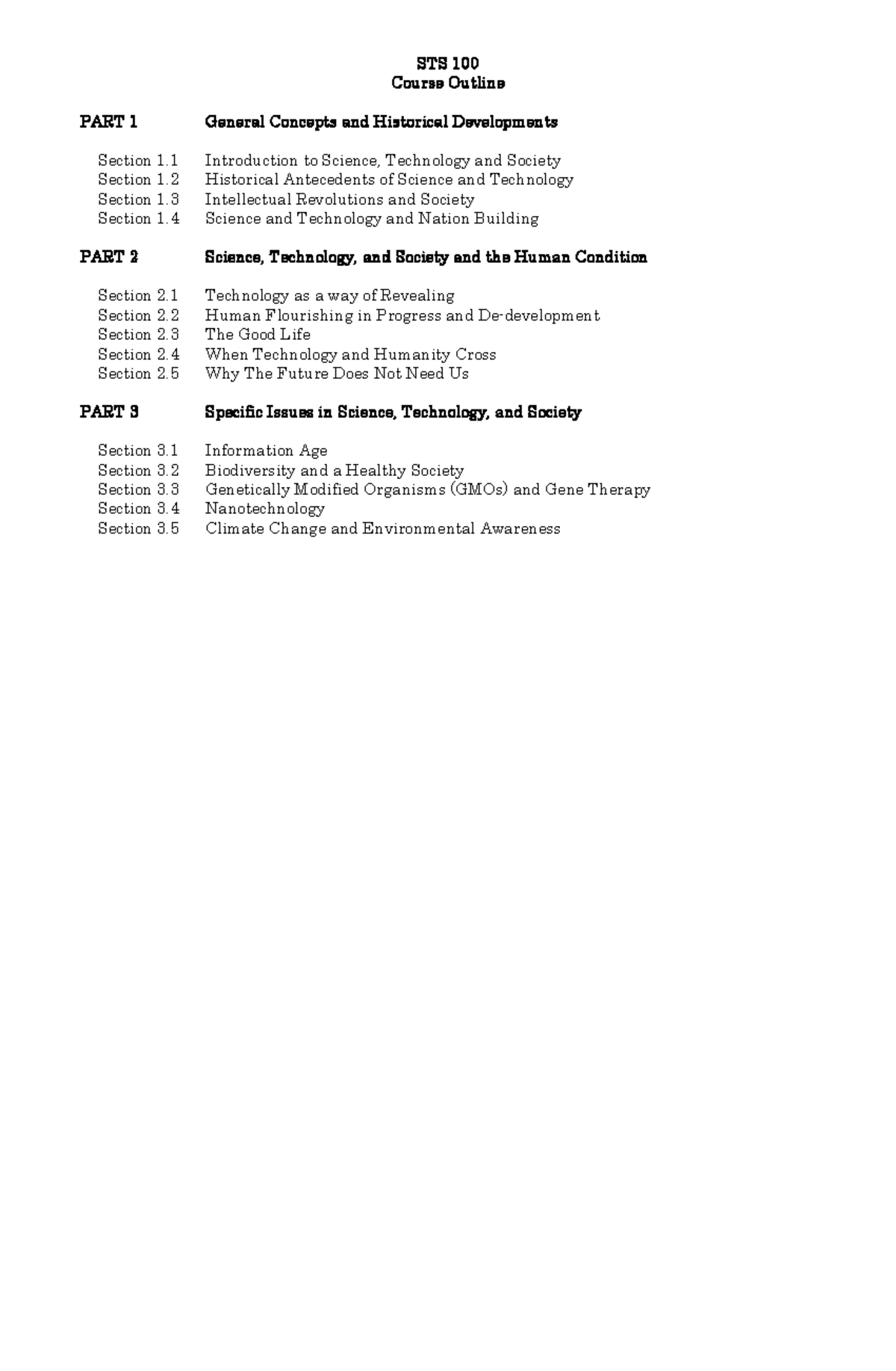 STS 100 Course Outline - oooooooooooo - STS 100 Course Outline PART 1 ...