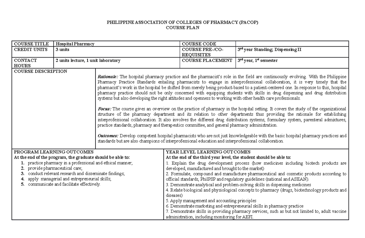 Cluster 3 Hospital Pharmacy - PHILIPPINE ASSOCIATION OF COLLEGES OF ...