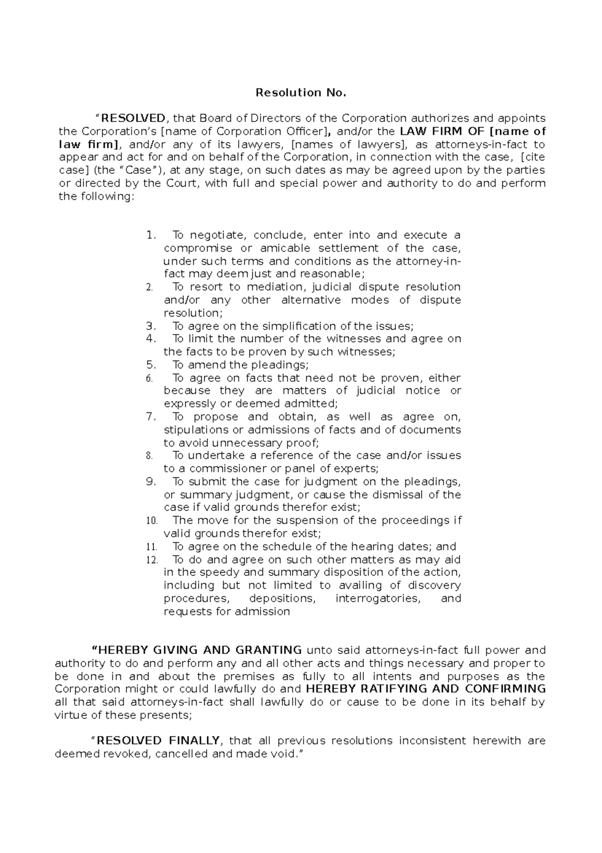 Authorization to PTB - Sample - Resolution No. “RESOLVED, that Board of ...