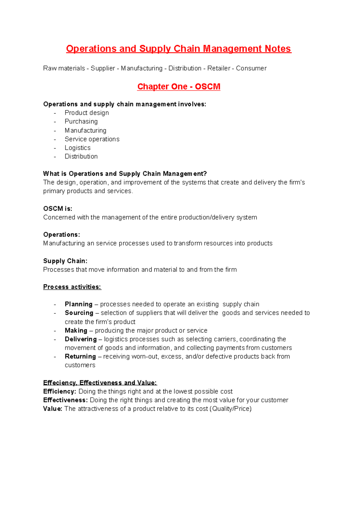 Operations and Supply Chain Management Notes - OSCM is: Concerned with ...