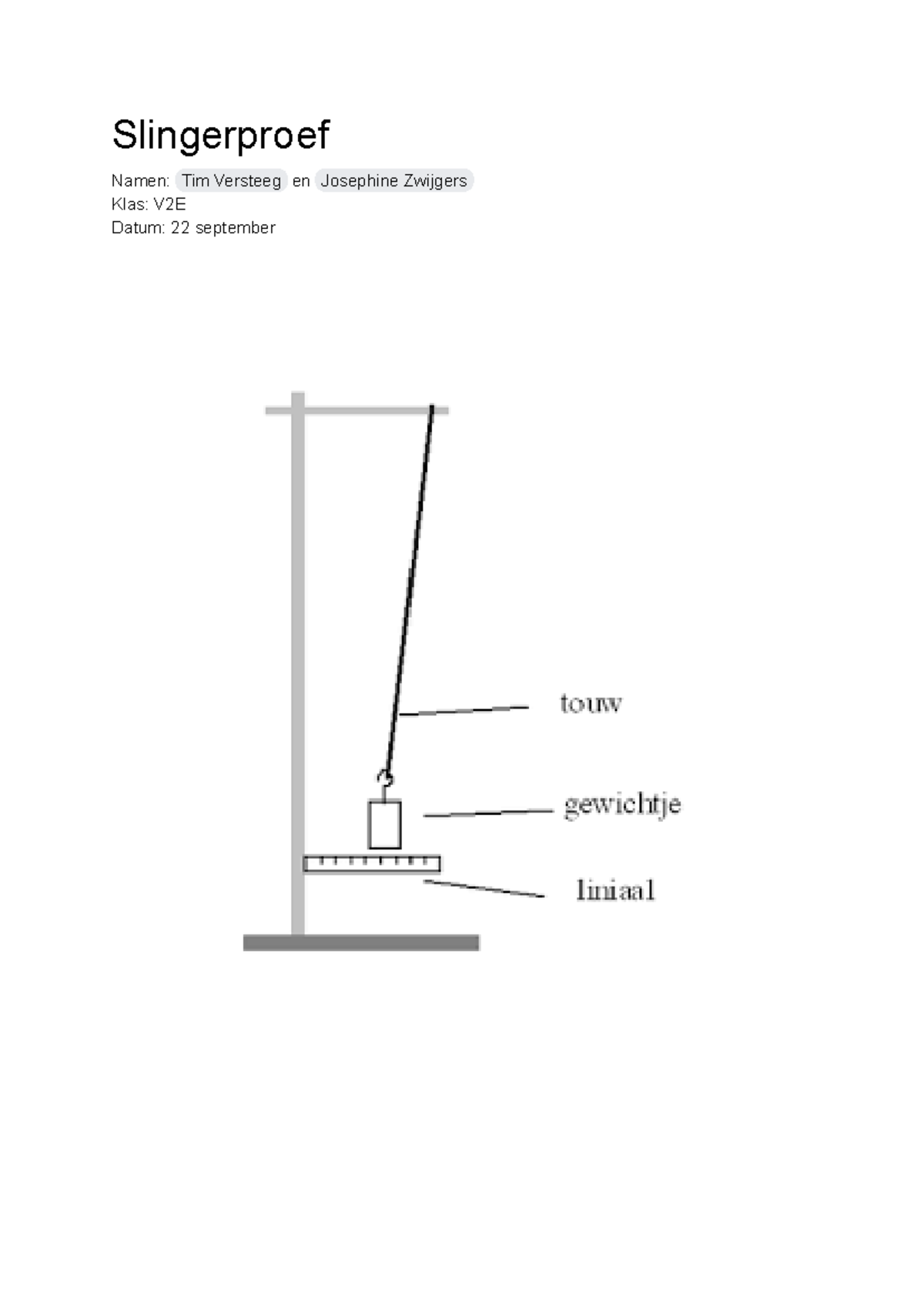 Slingerproef - Slingerproef Namen: Tim Versteeg en Josephine Zwijgers ...
