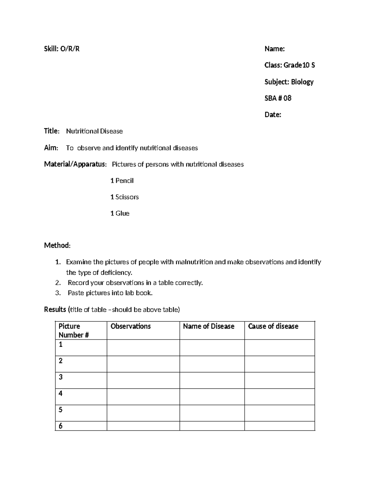 BIO 10S Lab 8 Nutrional Diseases ORR - Skill: O/R/R Name: Class ...