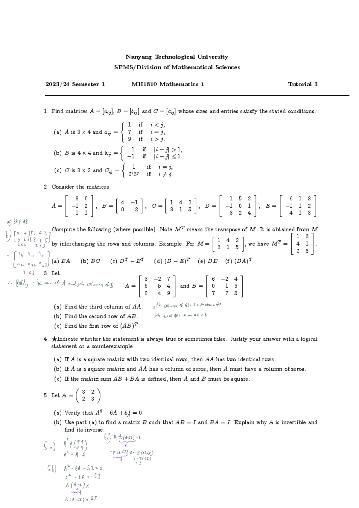 MH1810 Tut 3 2023 Matrices - Nanyang Technological University SPMS ...
