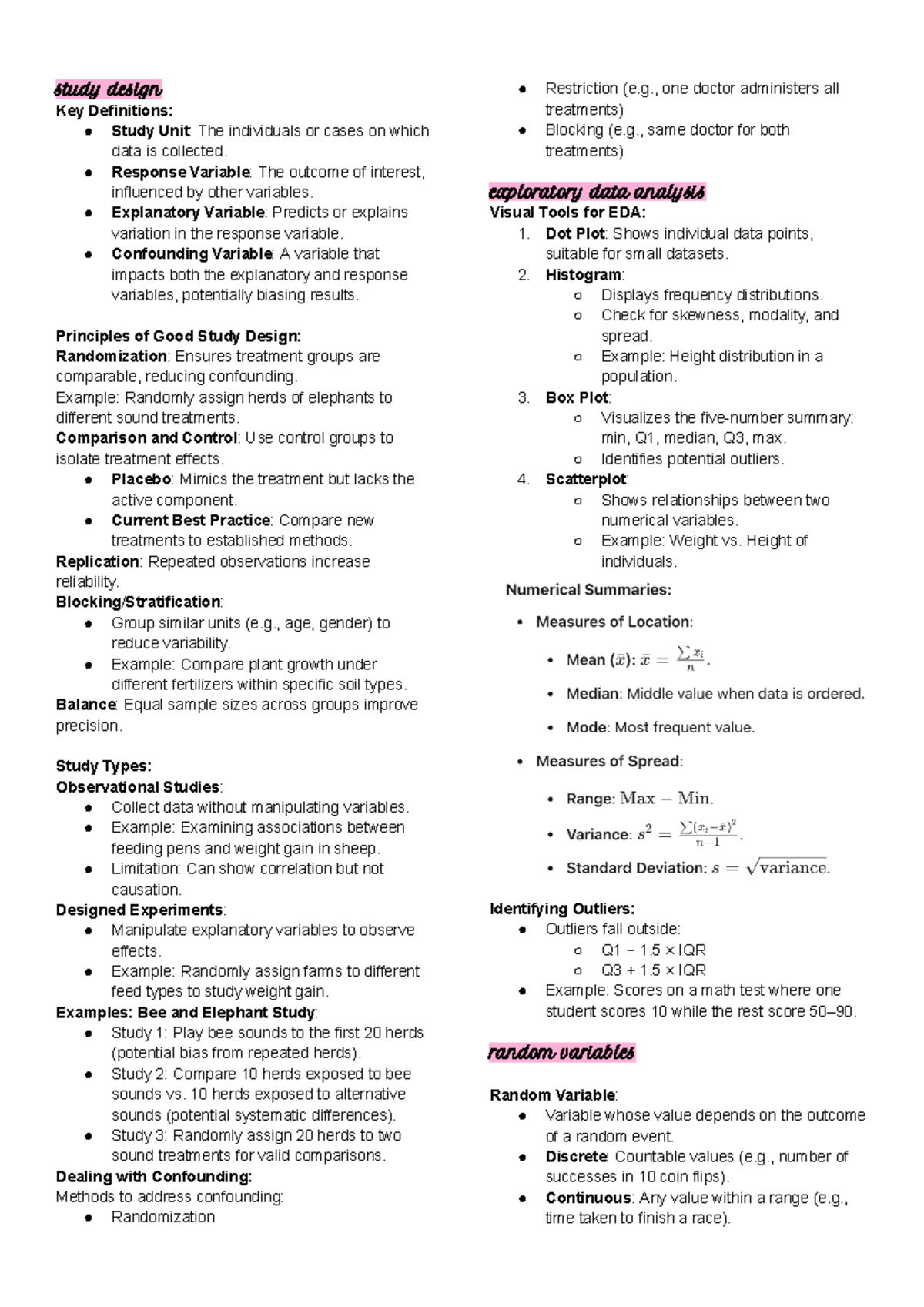 Data Analysis Cheat Sheet - study design Key Definitions: Study Unit ...