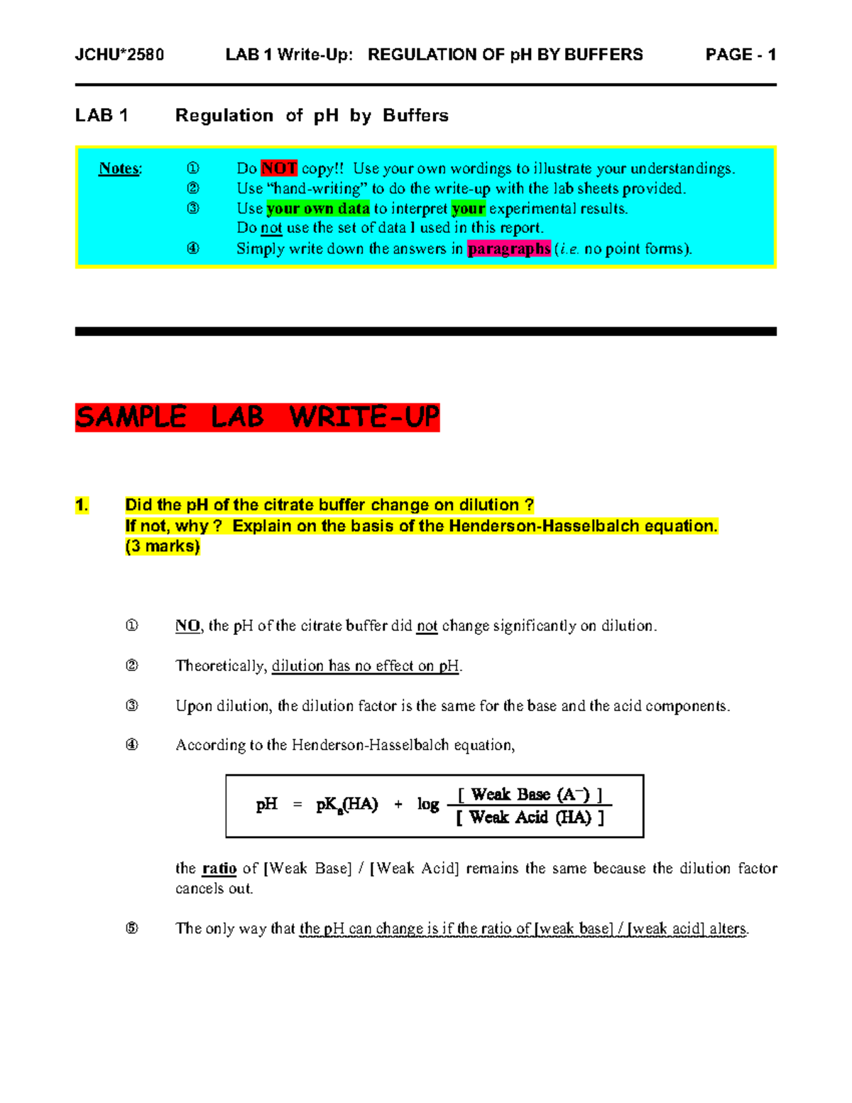 Bio Lab 1 - Lab 1 answers - JCHU*2580 LAB 1 Write-Up: REGULATION OF pH BY BUFFERS PAGE - 1 LAB 1 ...