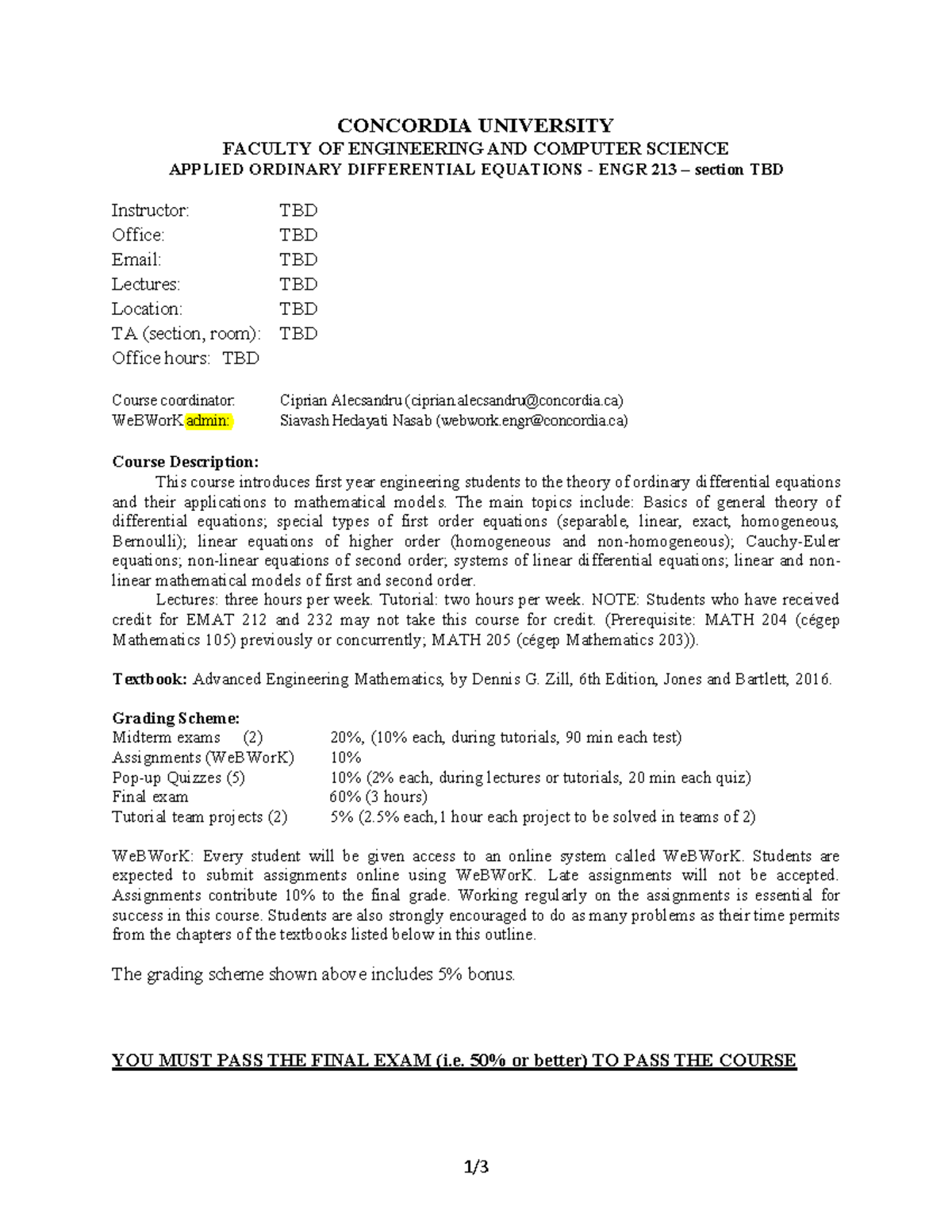ENGR 213 - Outline - CONCORDIA UNIVERSITY FACULTY OF ENGINEERING AND COMPUTER SCIENCE APPLIED ...