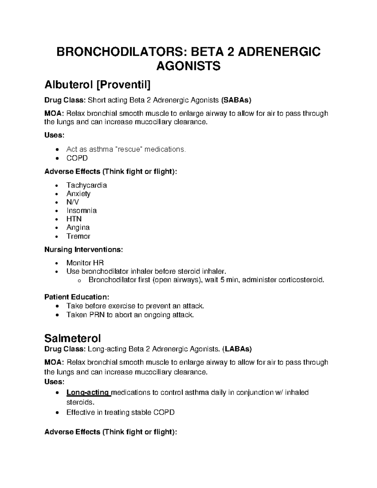 Study guide for exam 2 - BRONCHODILATORS: BETA 2 ADRENERGIC AGONISTS ...