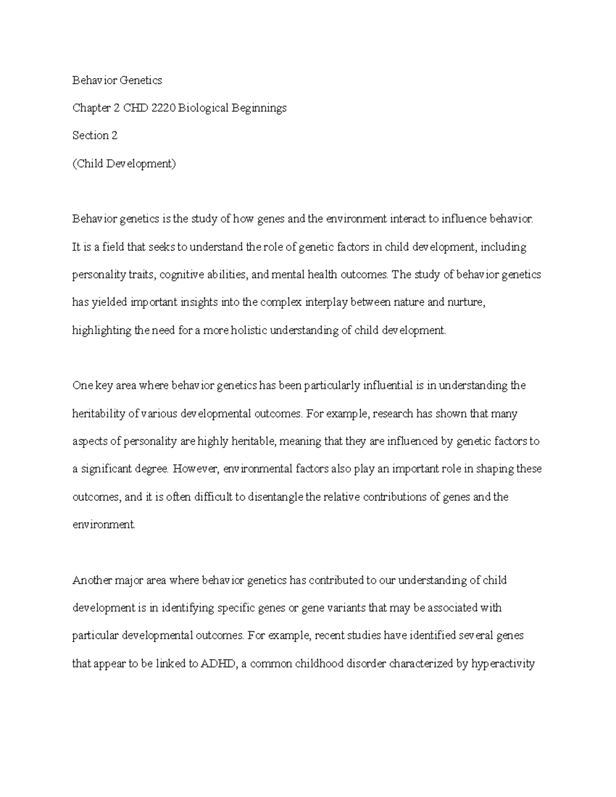 Behavior Genetics - Behavior Genetics Chapter 2 CHD 2220 Biological ...