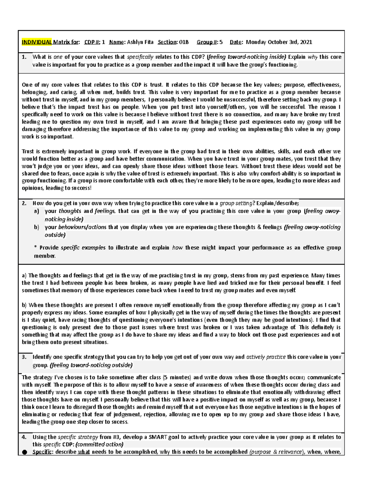 Individual ACT Matrix Form for CDPs- Ashlyn Fita - INDIVIDUAL Matrix ...