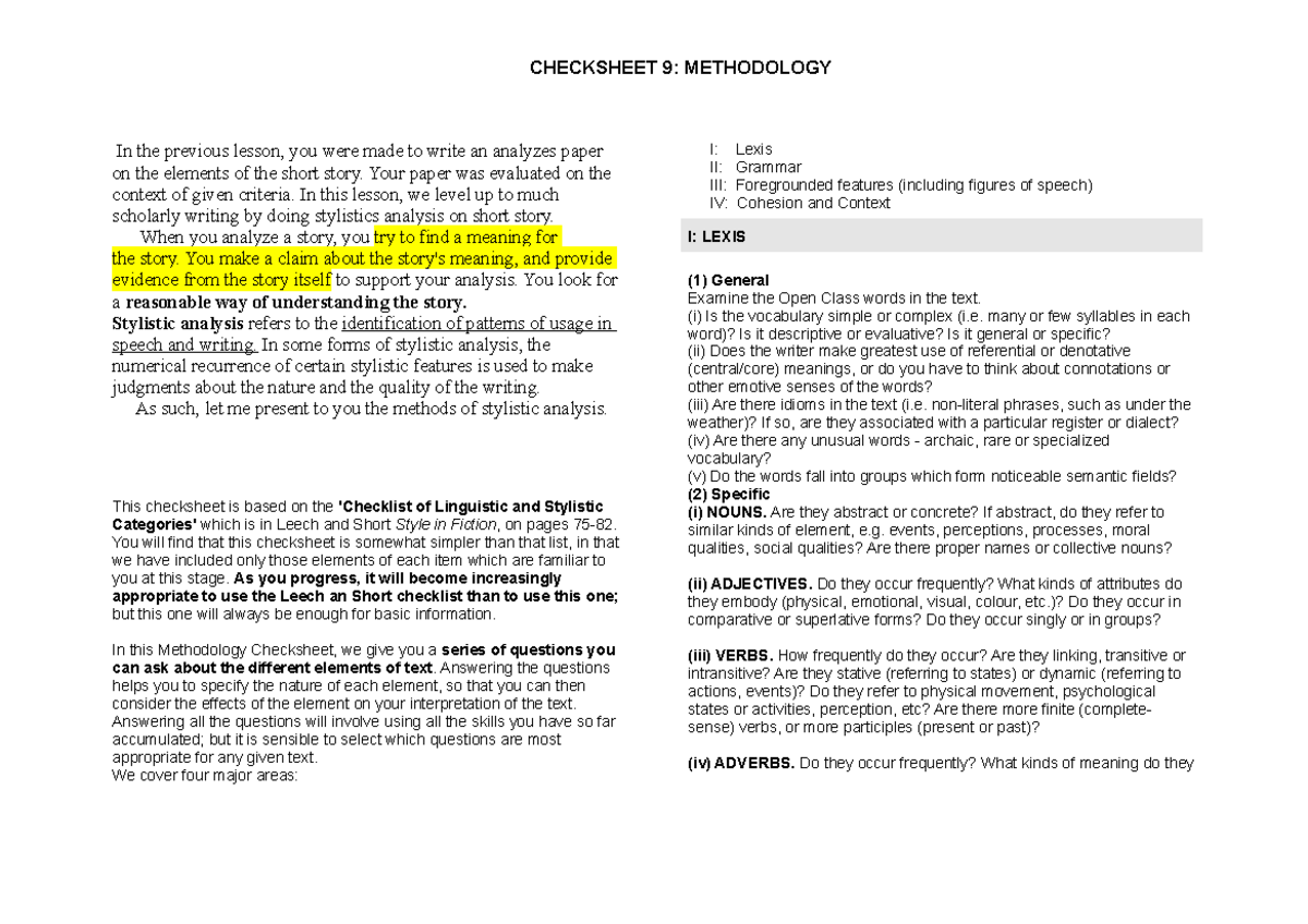 Checksheet 009methodology - CHECKSHEET 9: METHODOLOGY In the previous ...