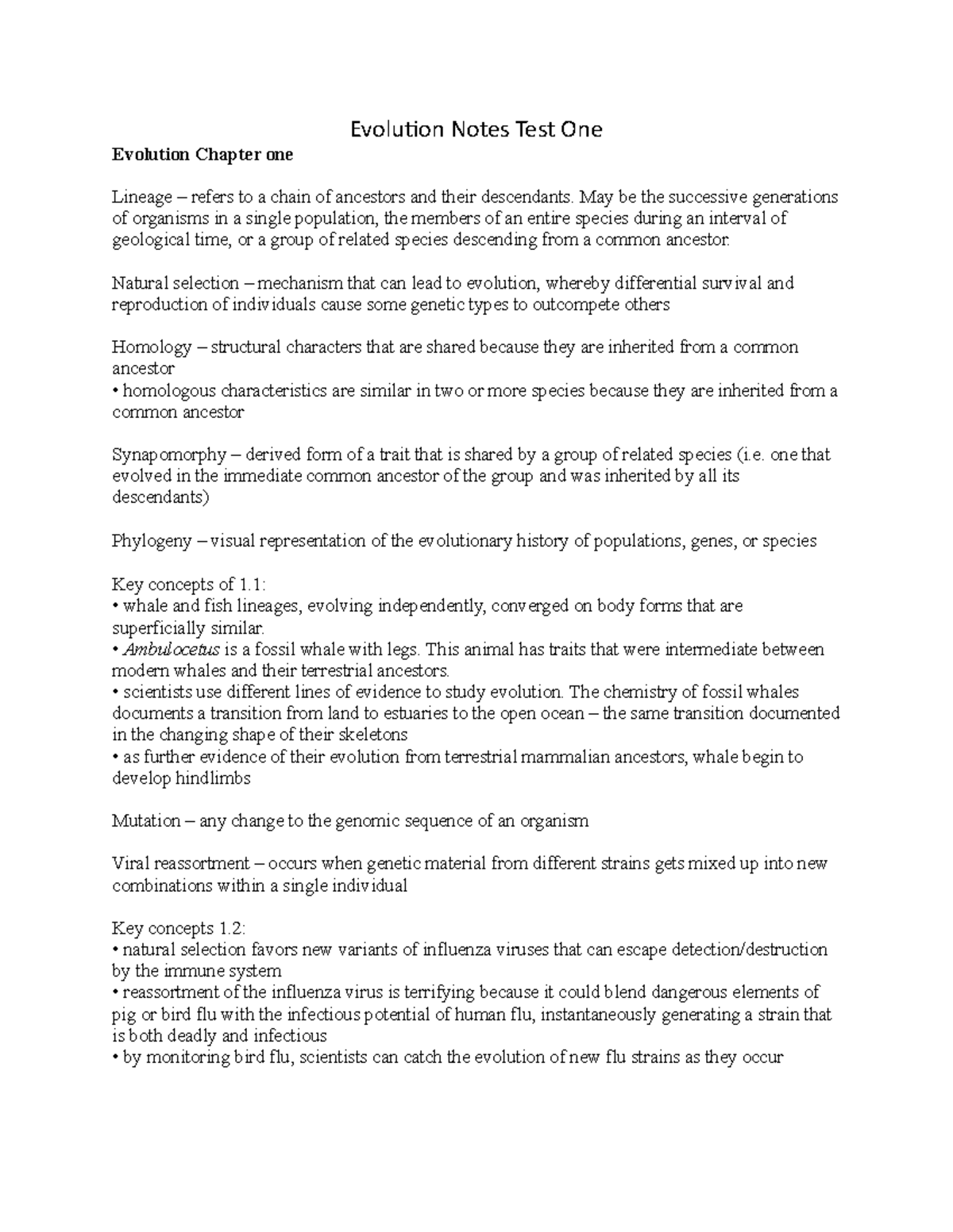 Evolution Notes Test One - Evolution Notes Test One Evolution Chapter ...