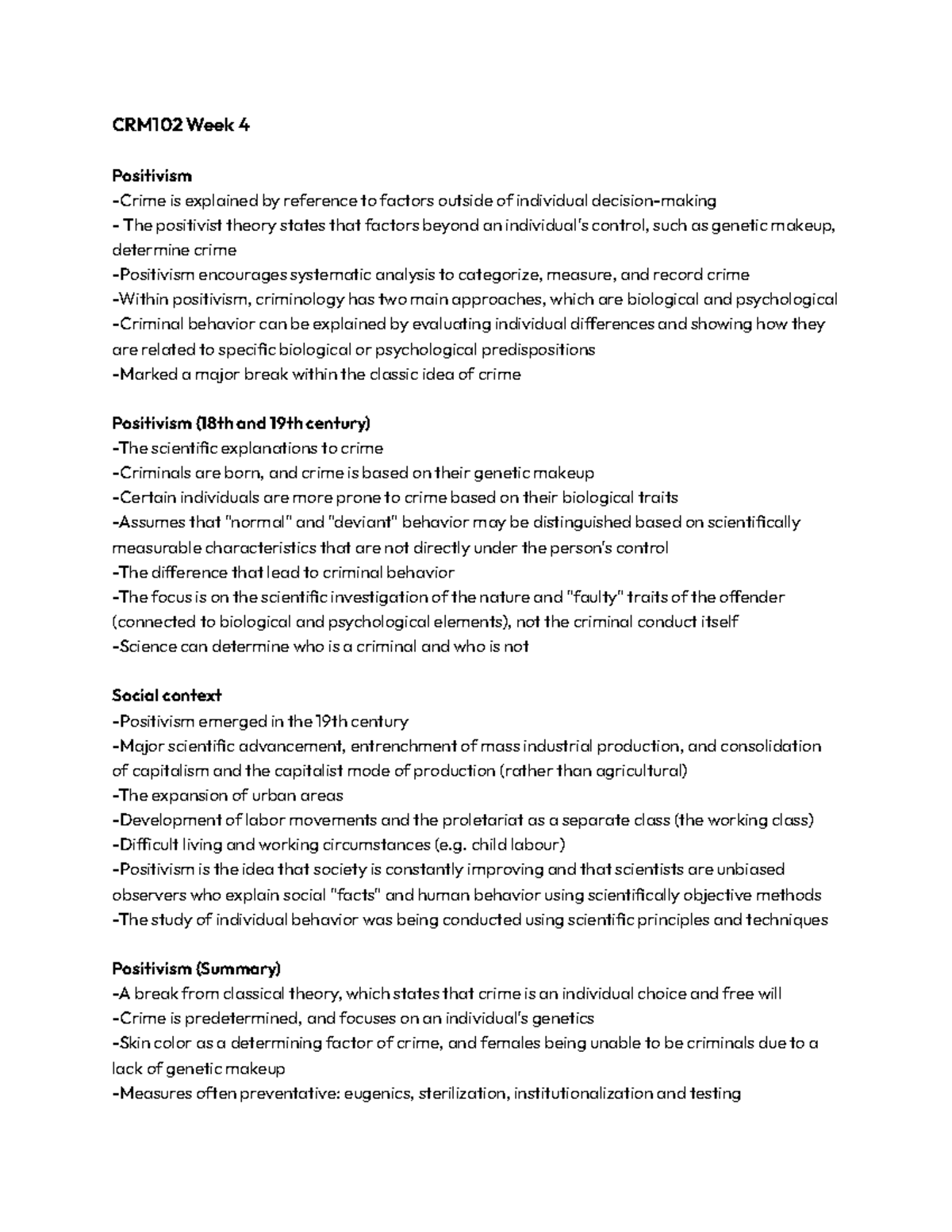 CRM102 Positivism Notes - CRM102 Week 4 Positivism -Crime is explained ...