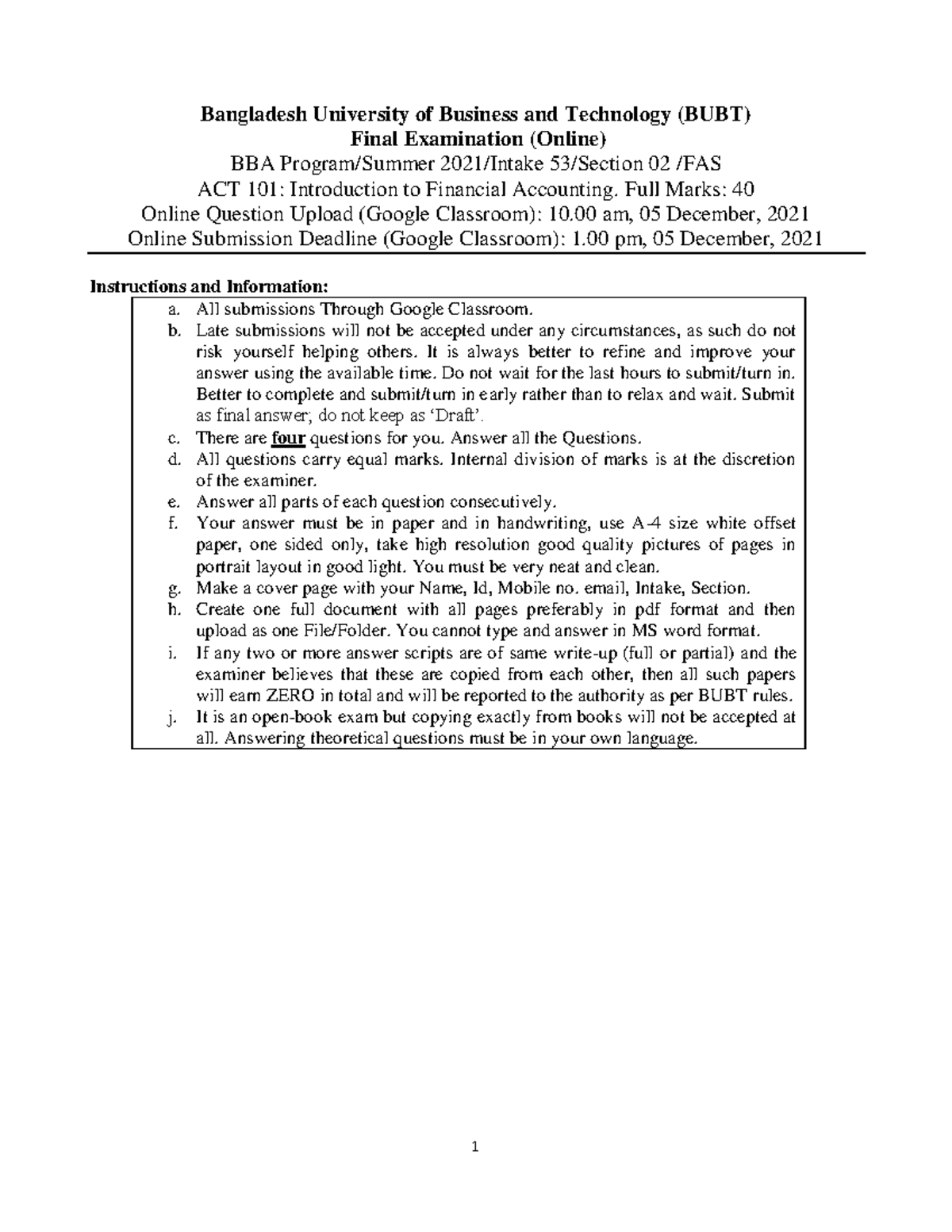 Practice question Paper for ACT 101 - Bangladesh University of Business ...