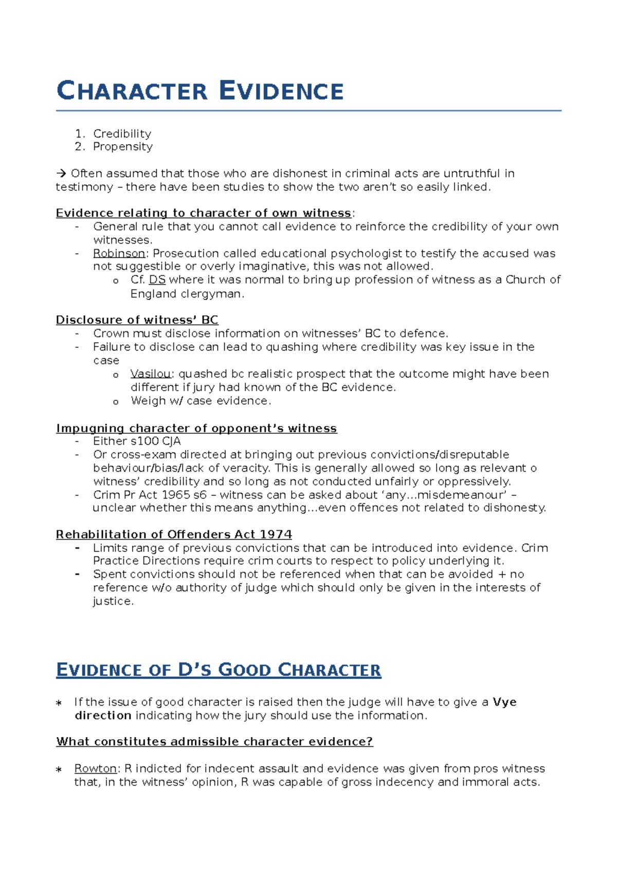 Character evidence - Lecture notes 3 - CHARACTER EVIDENCE Credibility ...