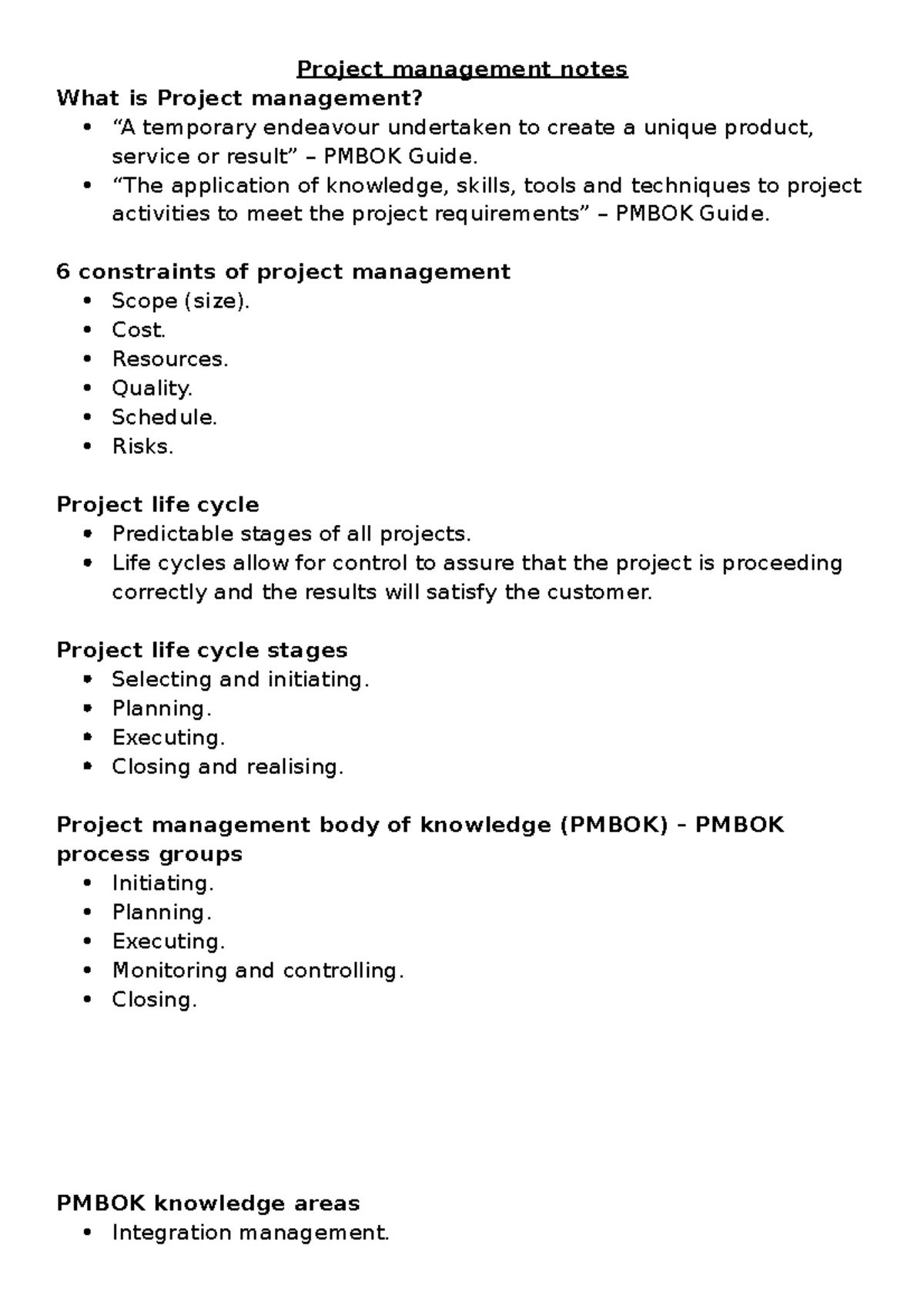 Project Management Notes - application of knowledge, skills, tools and ...