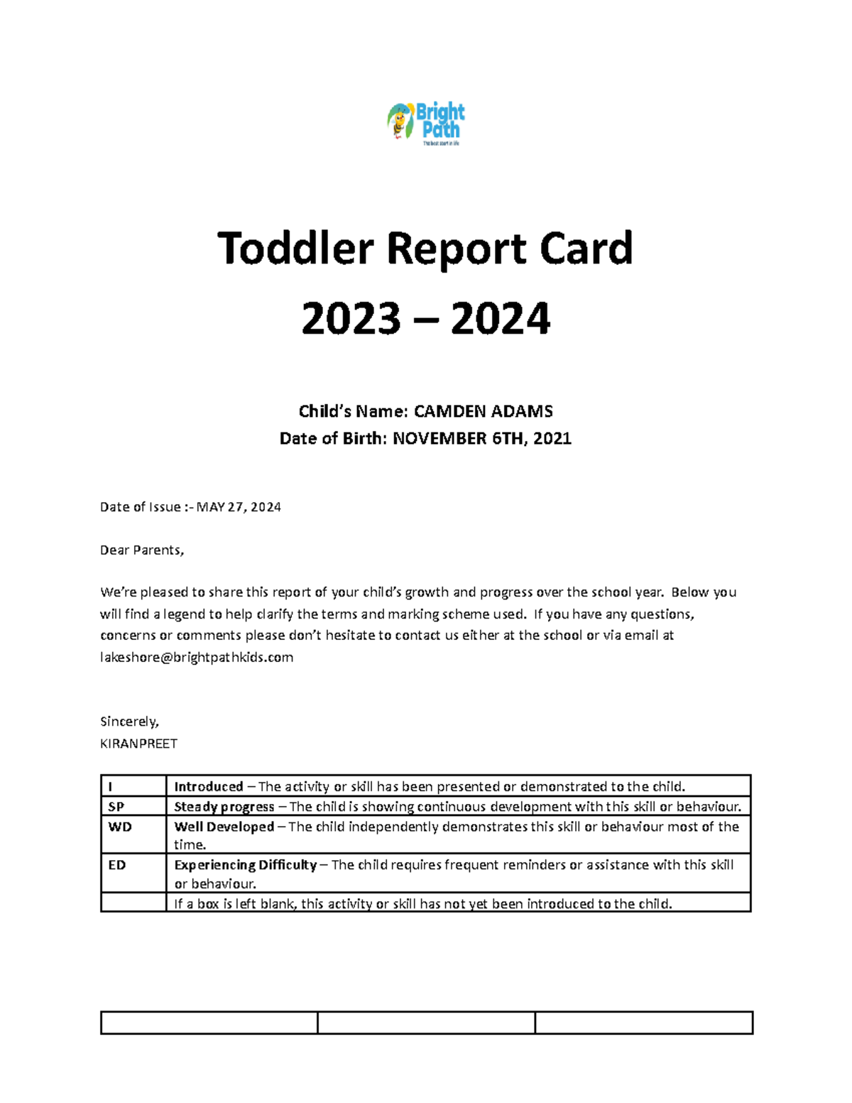 Toddler Report Cards - notes - Toddler Report Card 2023 – 2024 Child’s ...