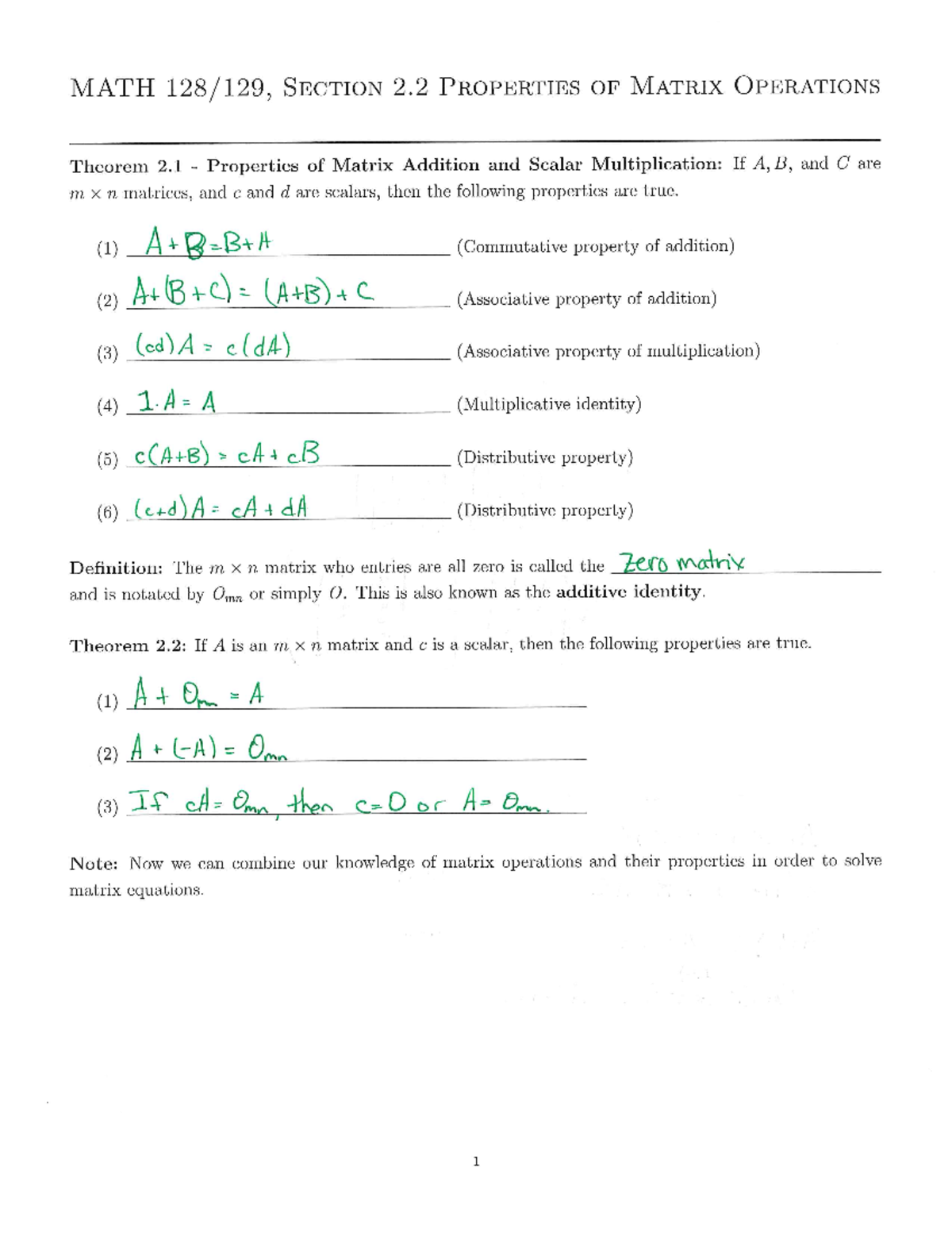 2.2 Properties of Matrix Operations - MATH 128/129, SECTION 2 ...
